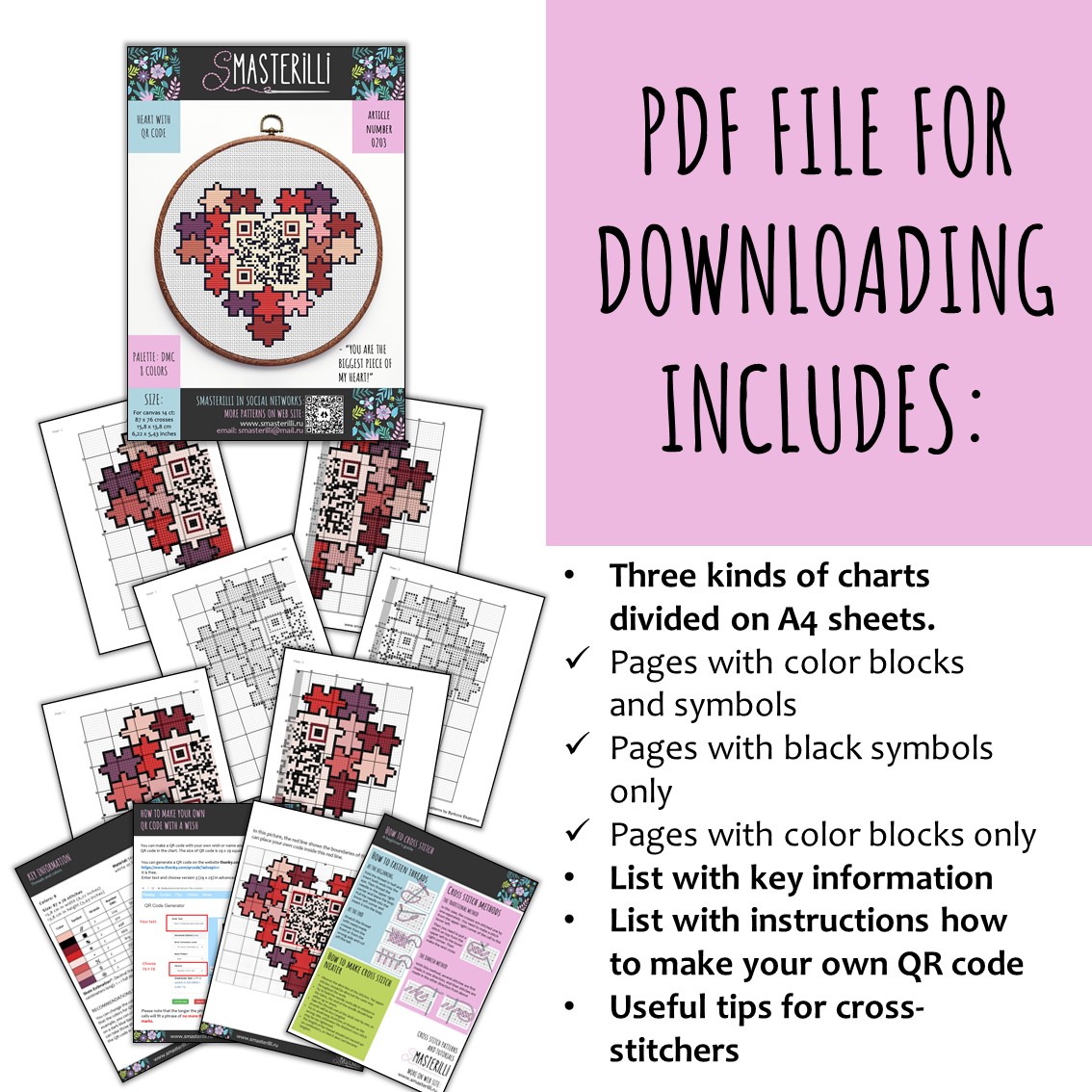 QR code puzzle heart cross stitch pattern PDF JPG love embro - Inspire ...