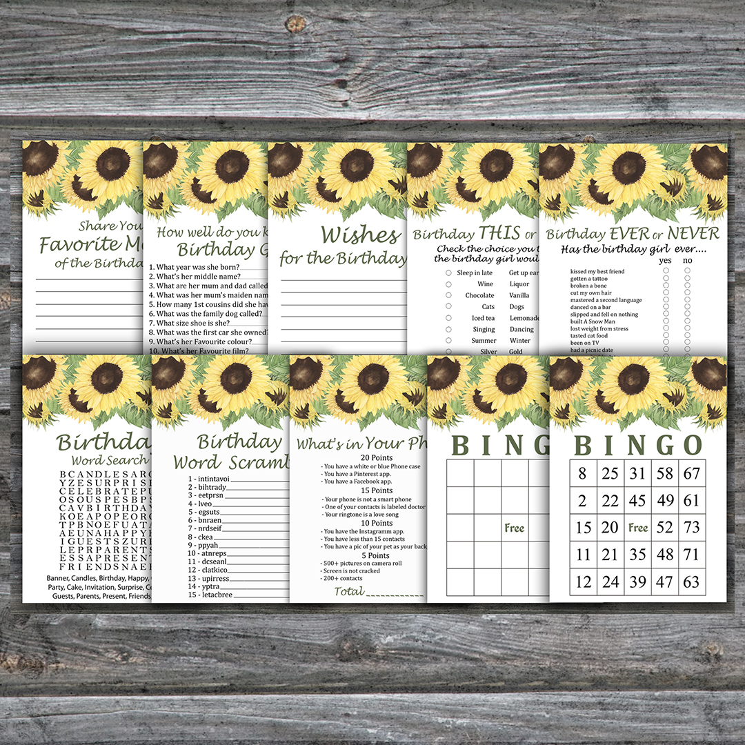 Sunflower Birthday Party Games bundle,Adult birthday games p | Inspire ...