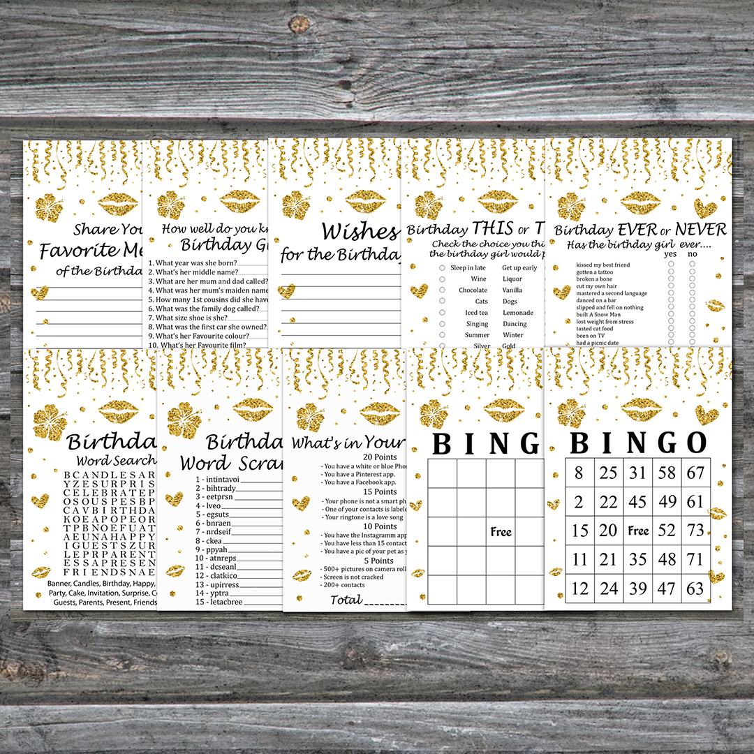 Gold glitter Birthday Party Games bundle,Adult birthday game | Inspire ...