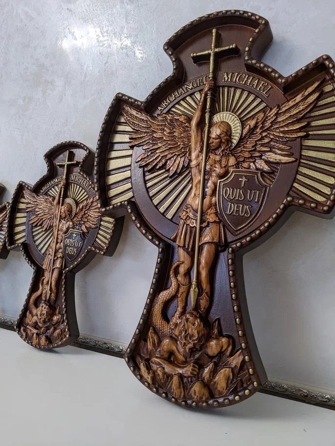 St Michael the Archangel. Wood Carved picture, cross. gift f | Inspire ...