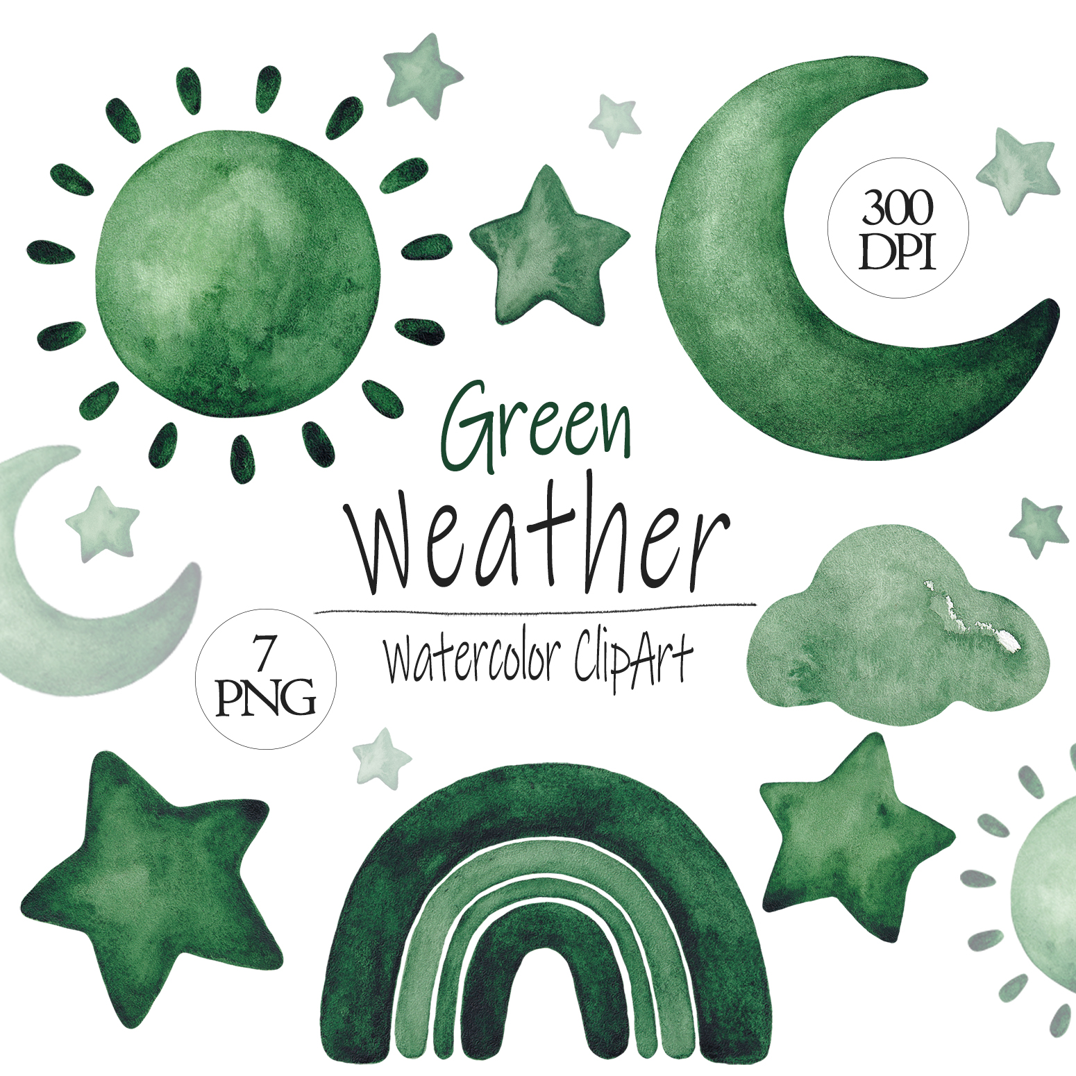 Weather clip art, 7 hand painted PNG, Green clipart | Inspire Uplift