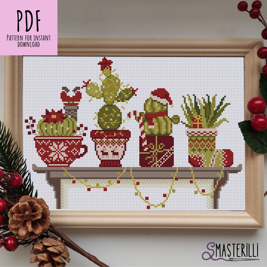 Christmas cacti cross stitch pattern PDF , plants on shelf i - Inspire Uplift