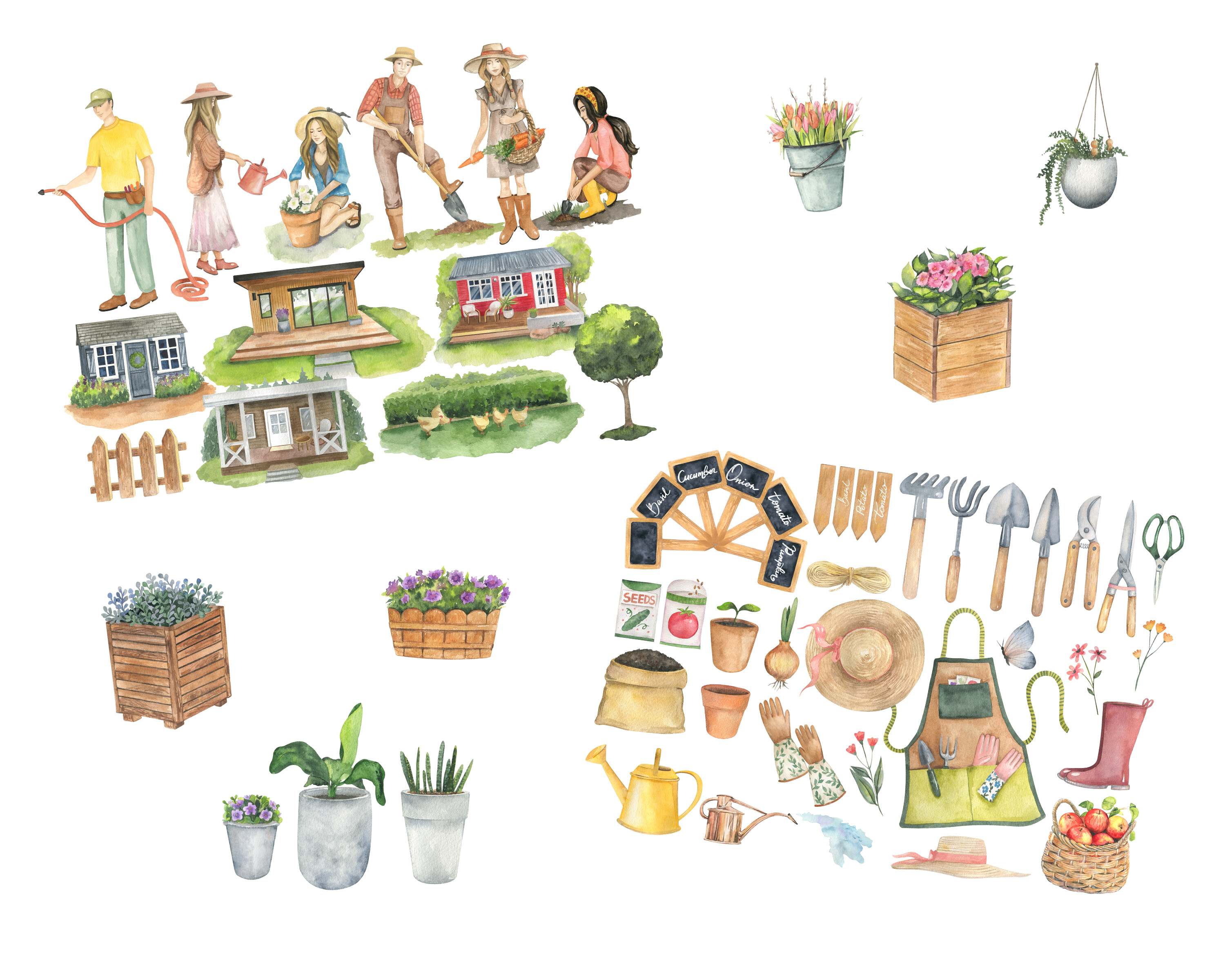 Summer Gardening Watercolor clipart, Garden Tools Watercolor - Inspire ...