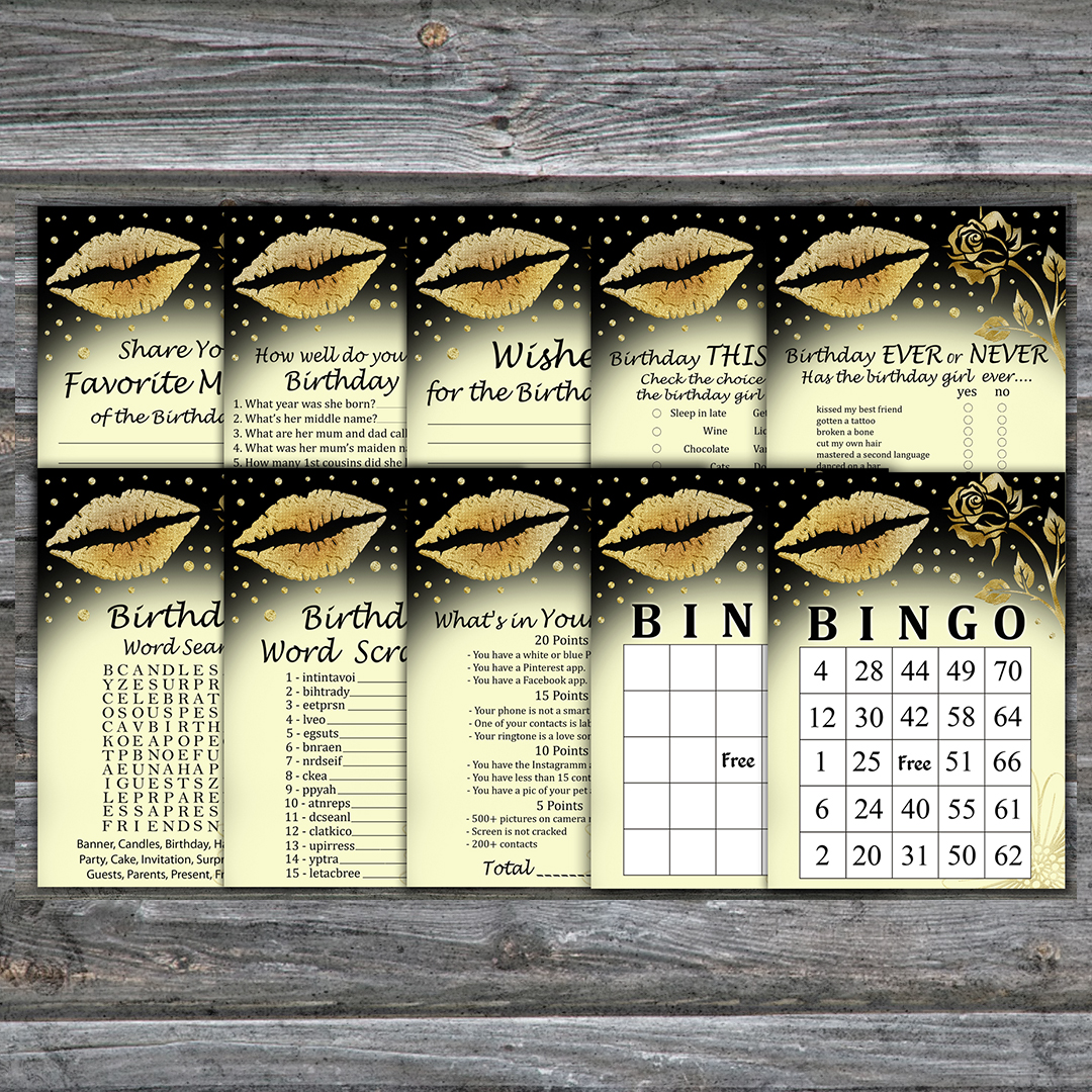 Gold Lips Birthday Party Games bundle,Adult birthday games p | Inspire ...