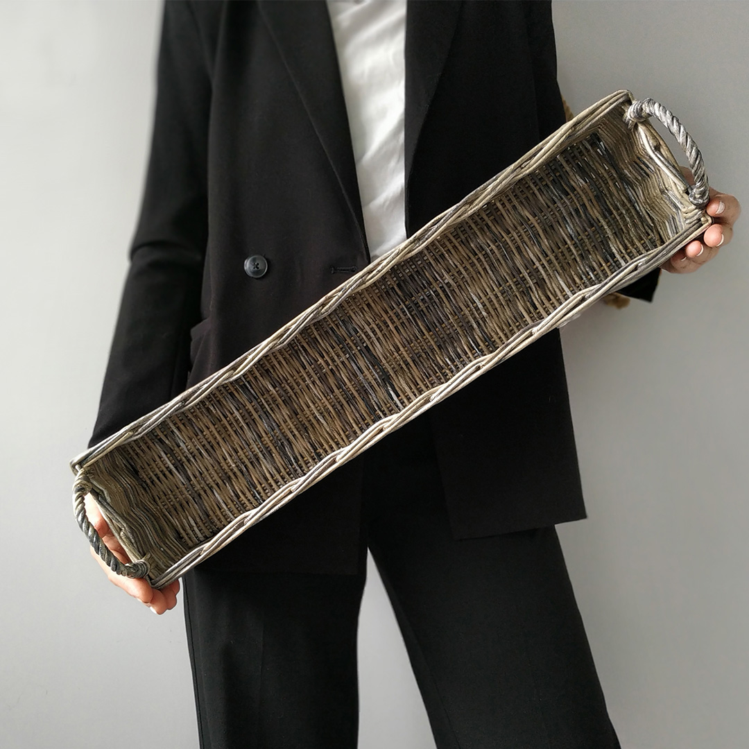 Extra long shelf basket. Narrow storage box. Grey wicker | Inspire Uplift