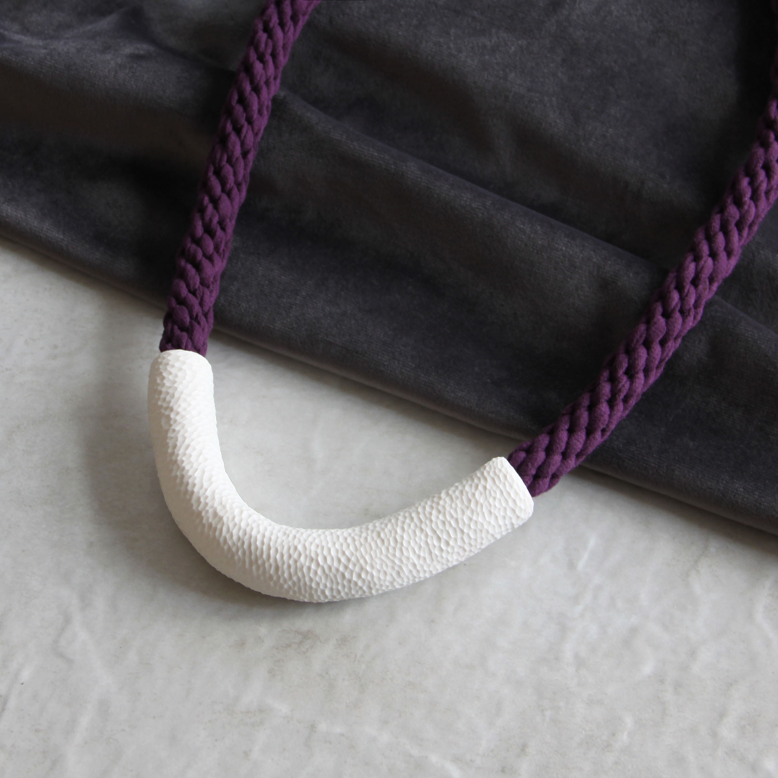 White U shape necklace with purple cord, polymer clay and co - Inspire ...