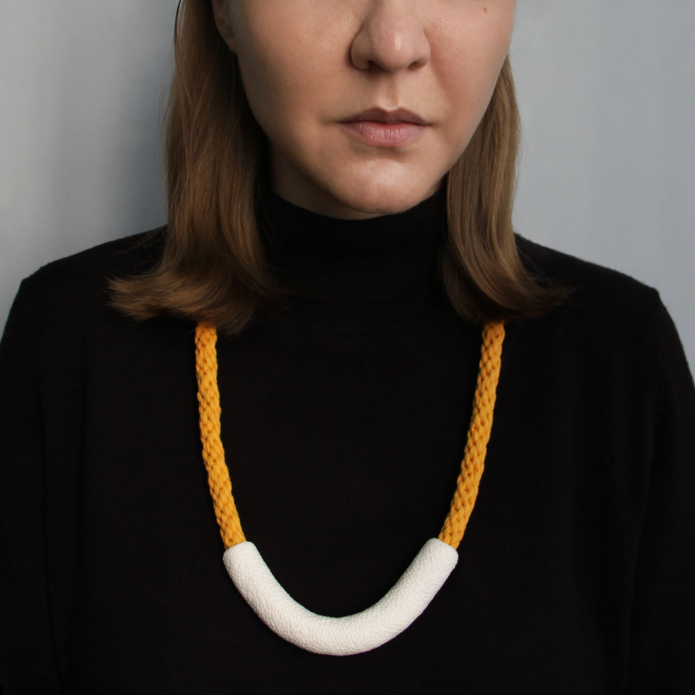 White U shape necklace with blue and yellow cord, polymer cl - Inspire ...