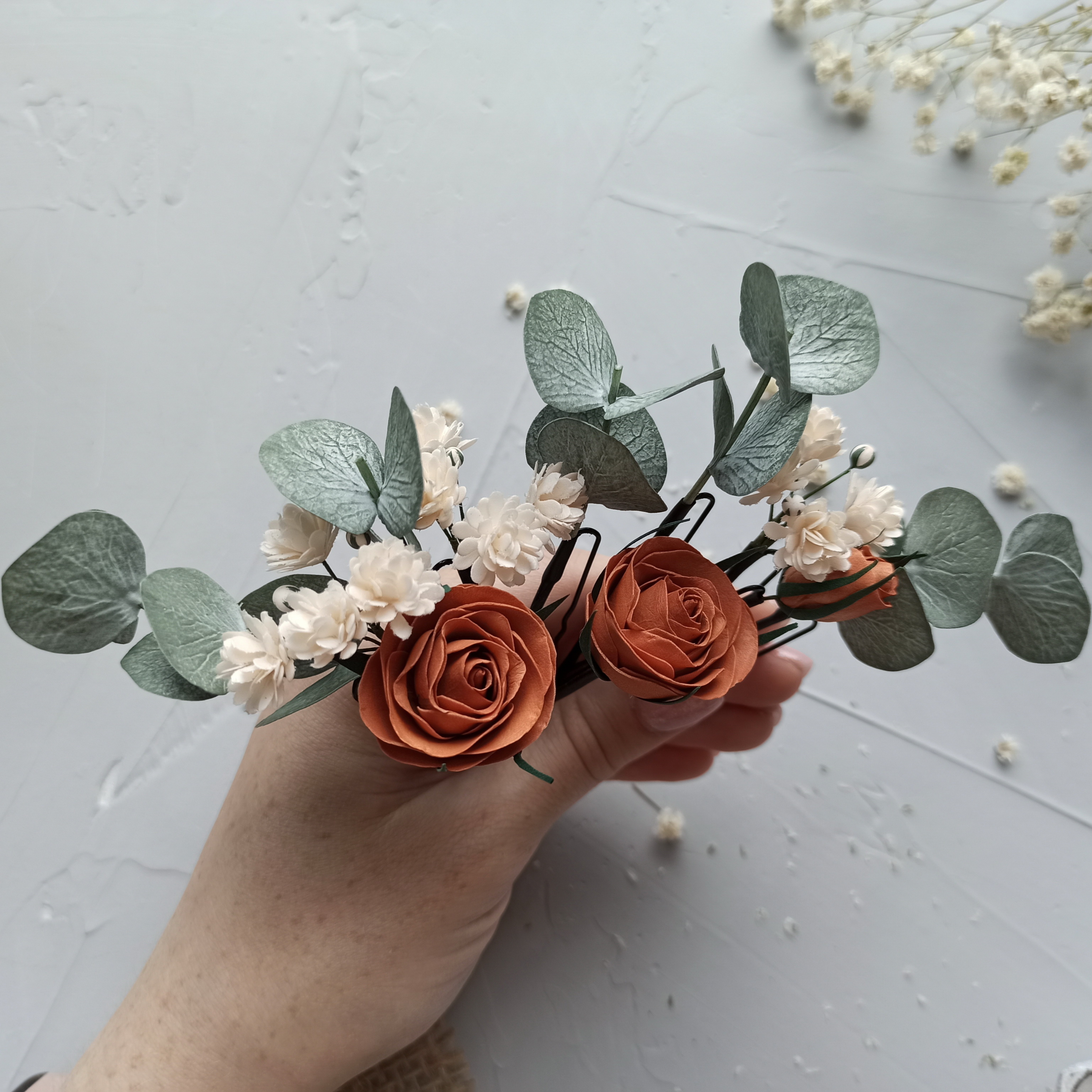 Sage green wedding eucalyptus terracotta hair pins Fall flow | Inspire ...