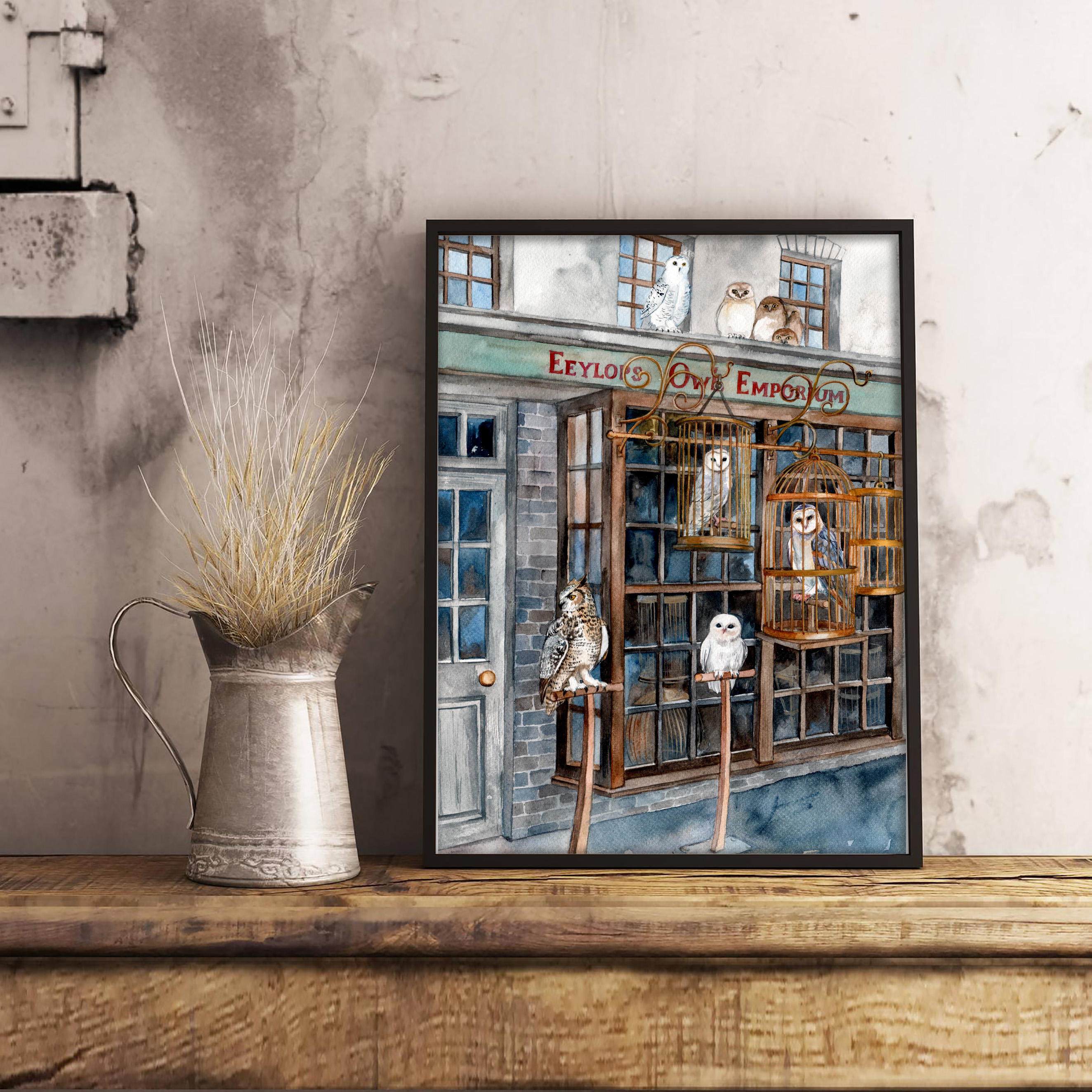 Owls shop watercolor art, Harry Potter poster, Download digi | Inspire ...
