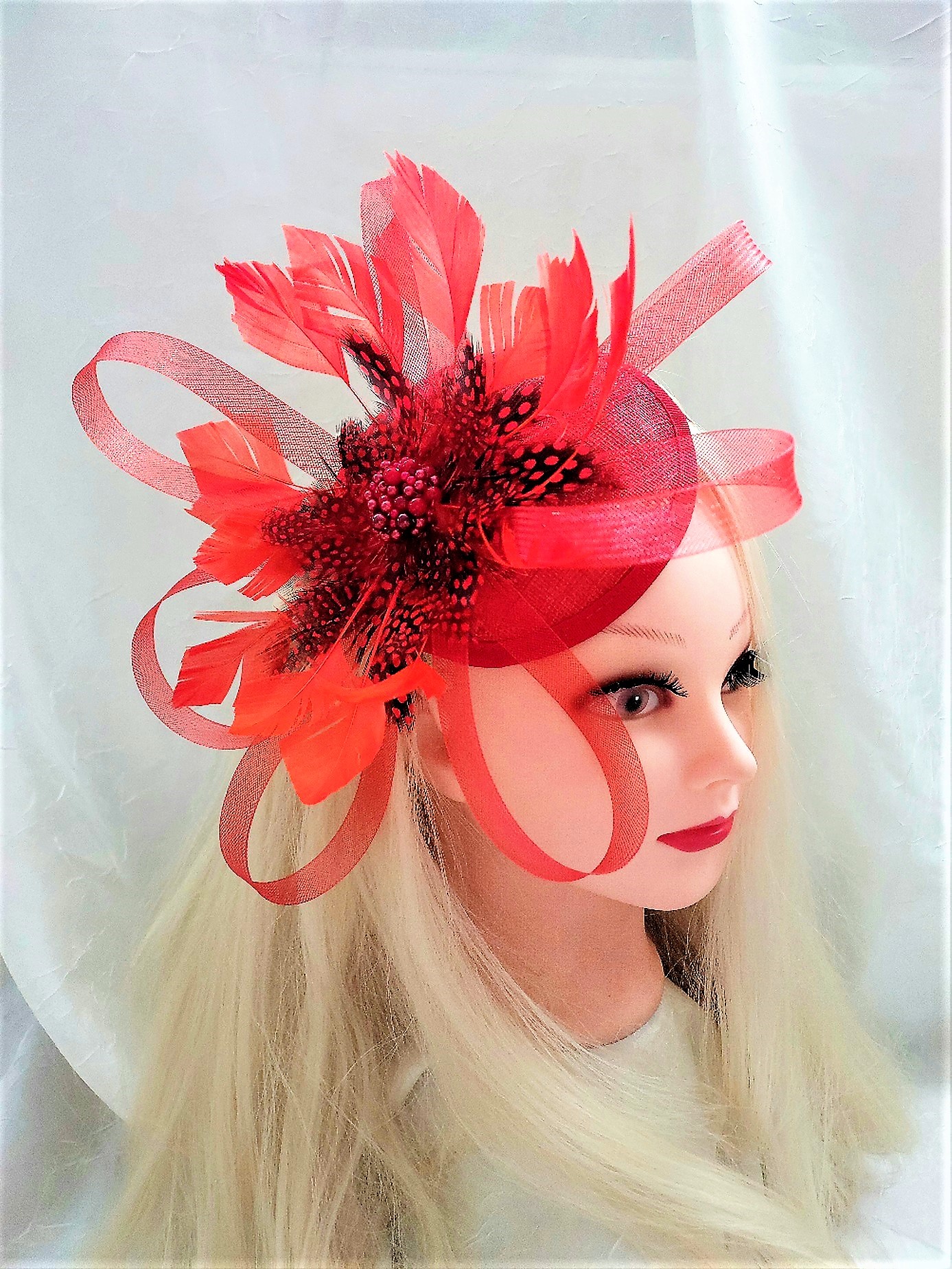 Red women hat, Red feather fascinator, Red cocktail hat with - Inspire ...