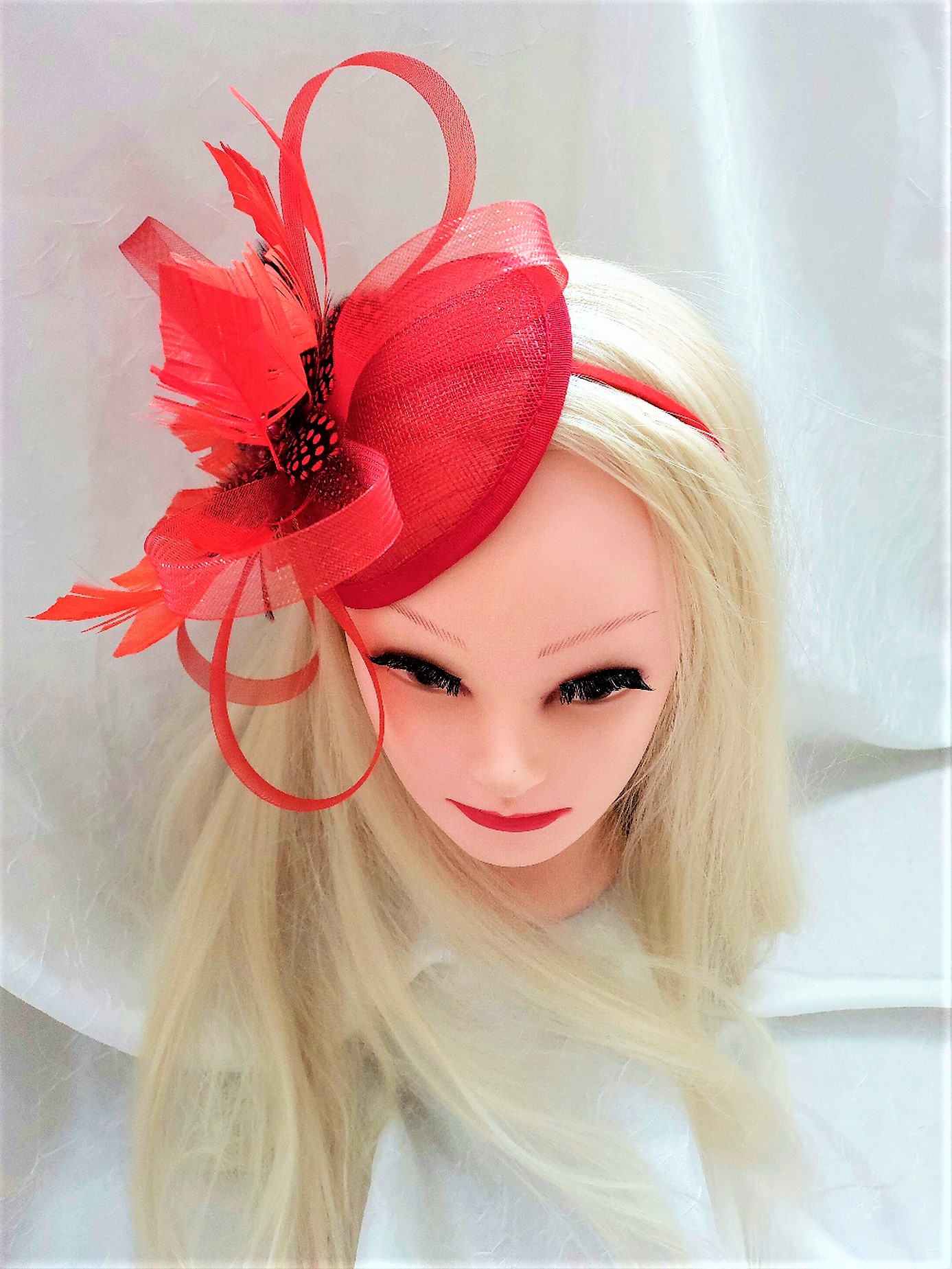 Red women hat, Red feather fascinator, Red cocktail hat with - Inspire ...