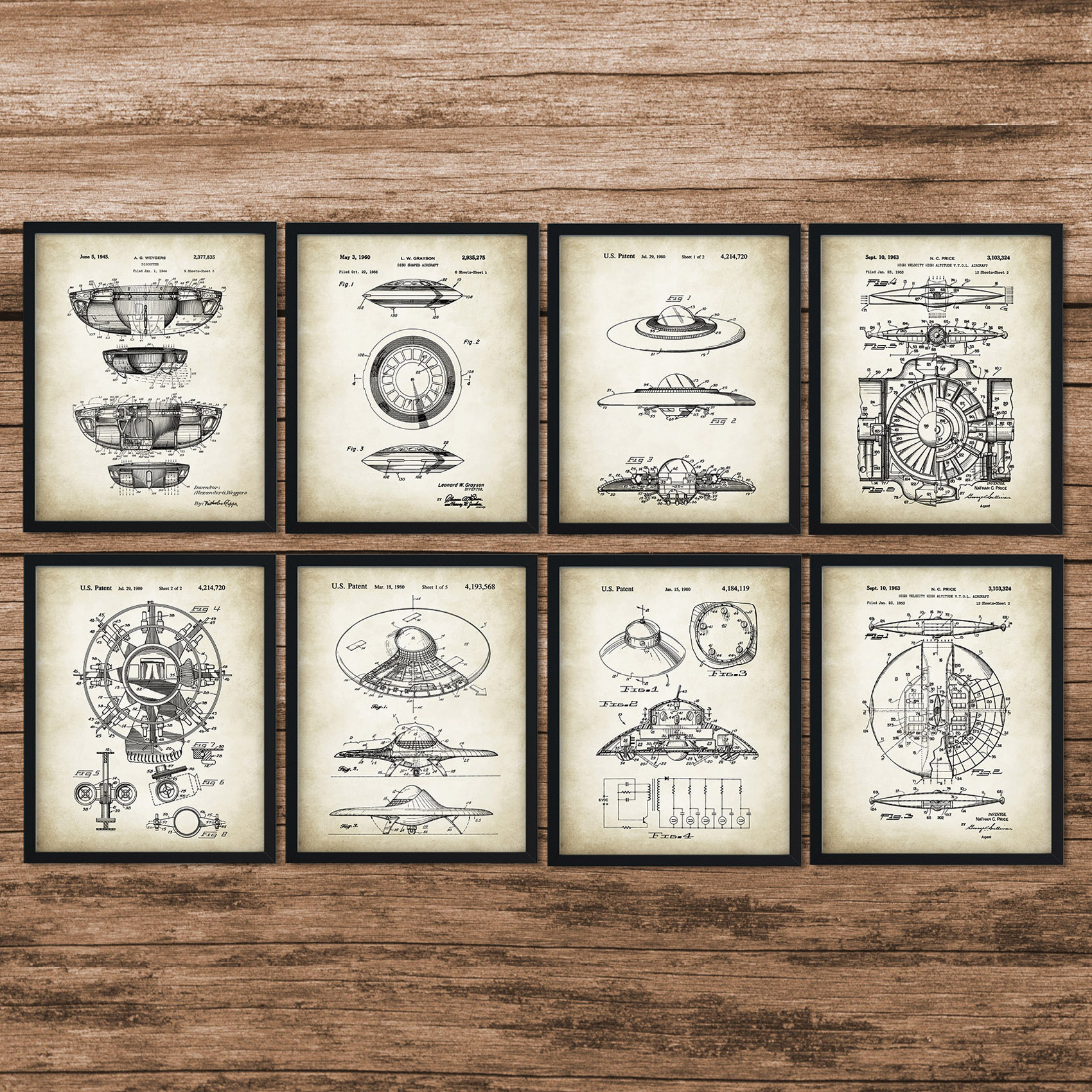 UFO Patent Print Set of 8,UFO Flying Saucer Print,Spacecraft | Inspire ...
