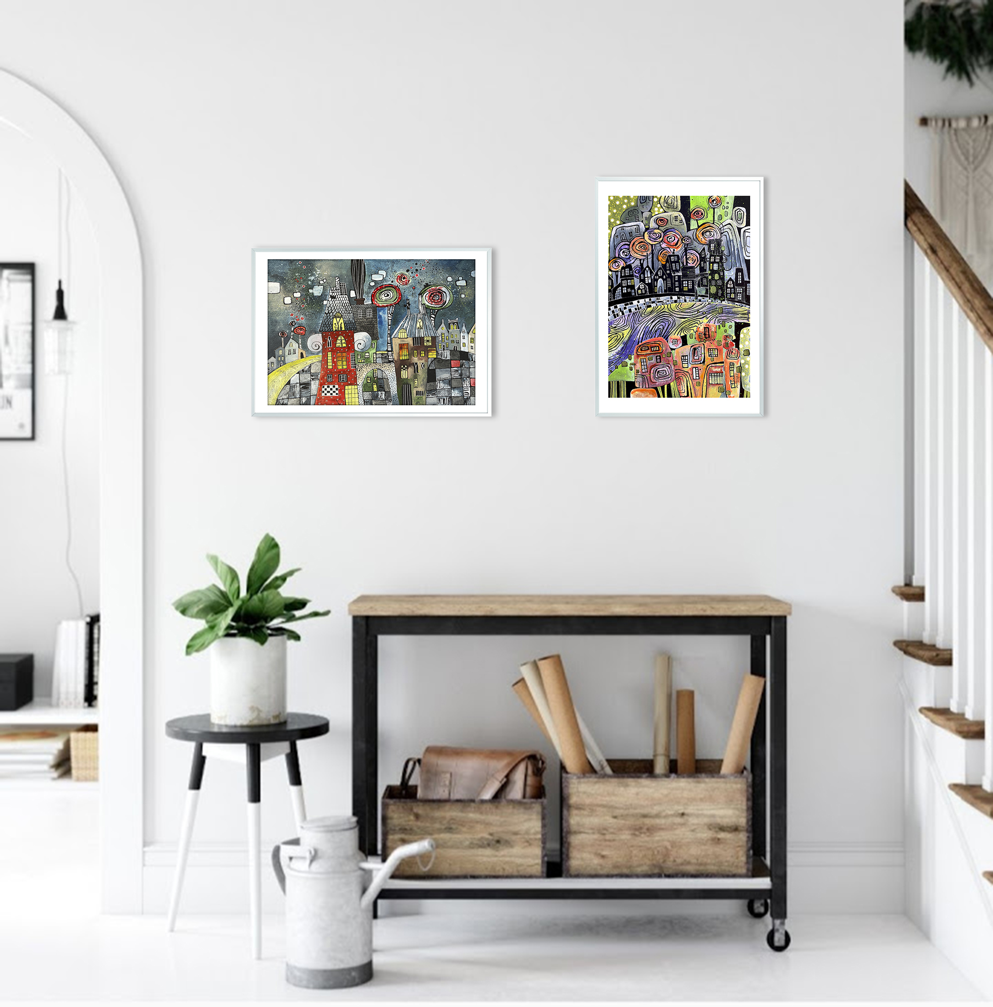 Weird painting Cityscape Original watercolor graphic art Whi - Inspire ...