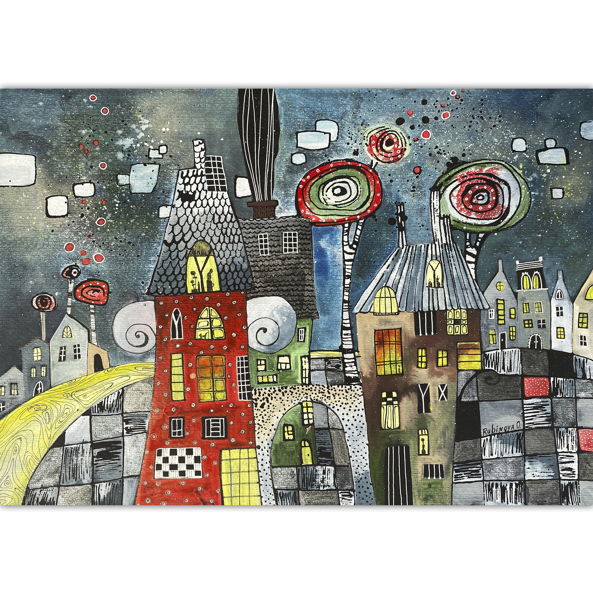 Weird painting Cityscape Original watercolor graphic art Whi - Inspire ...