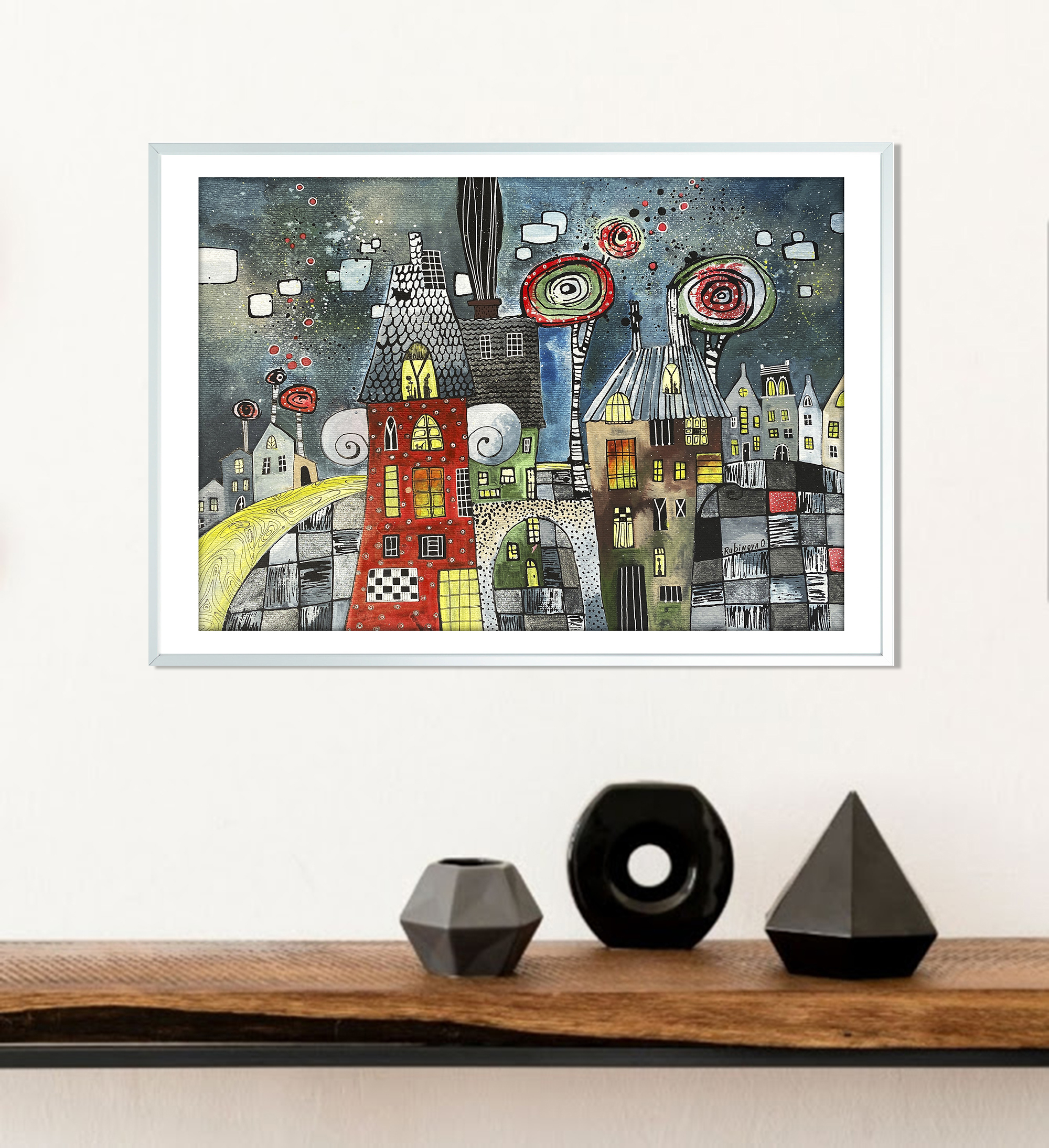 Weird painting Cityscape Original watercolor graphic art Whi - Inspire ...