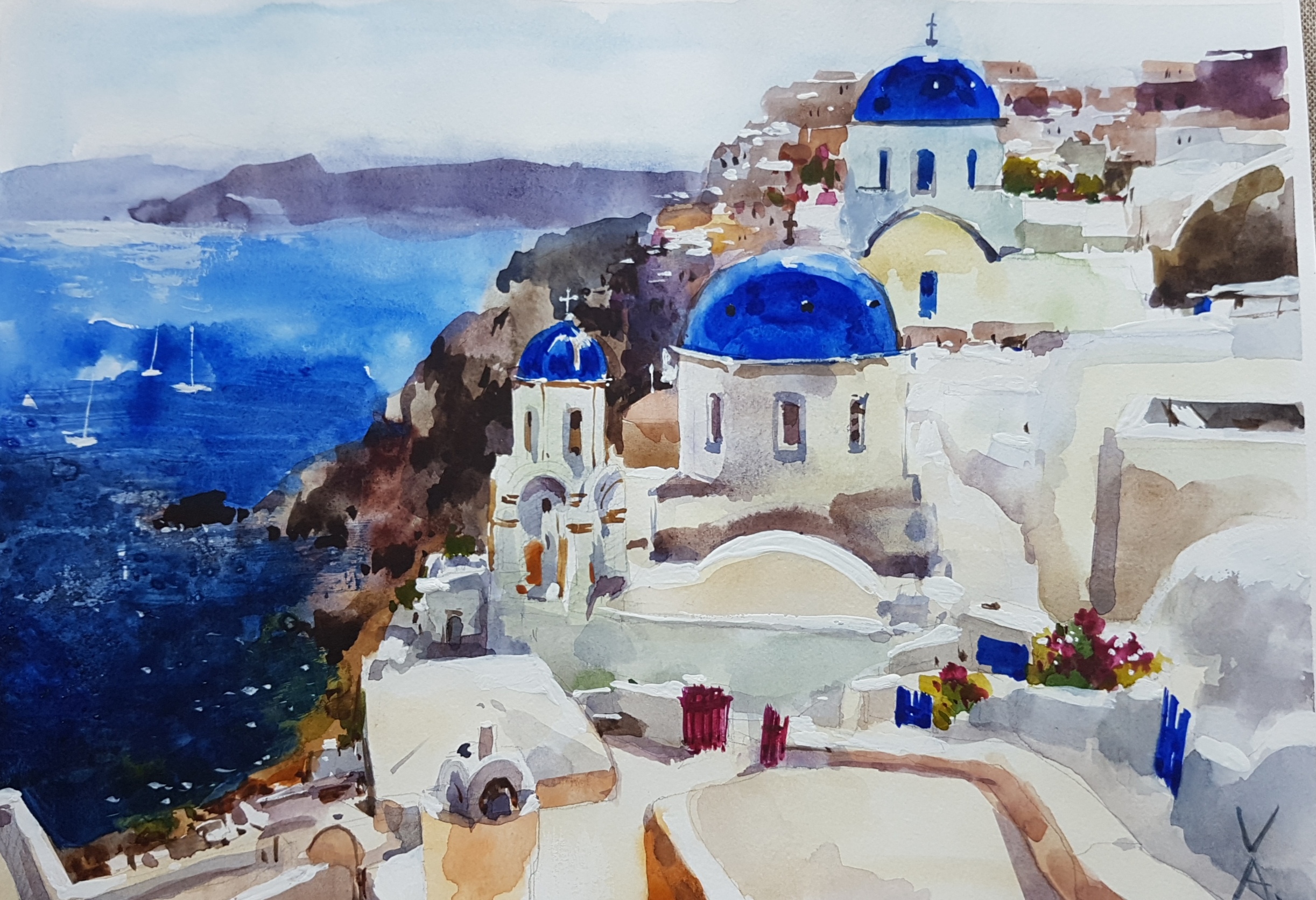 Santorini, Greece - Original landscape painting watercolor - Inspire Uplift