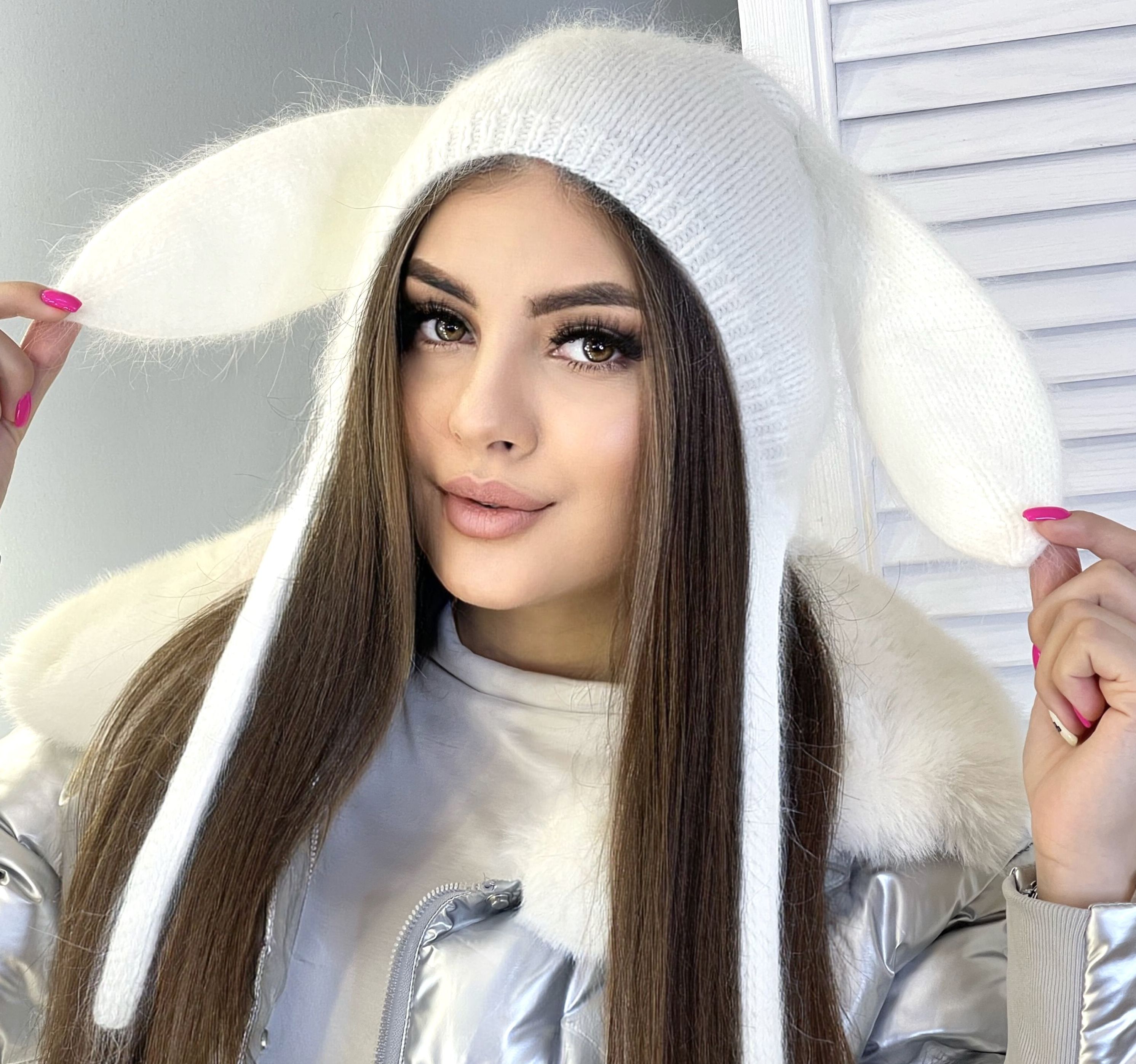 Winter bunny ears hat women, white adult knit bunny bonnet | Inspire Uplift