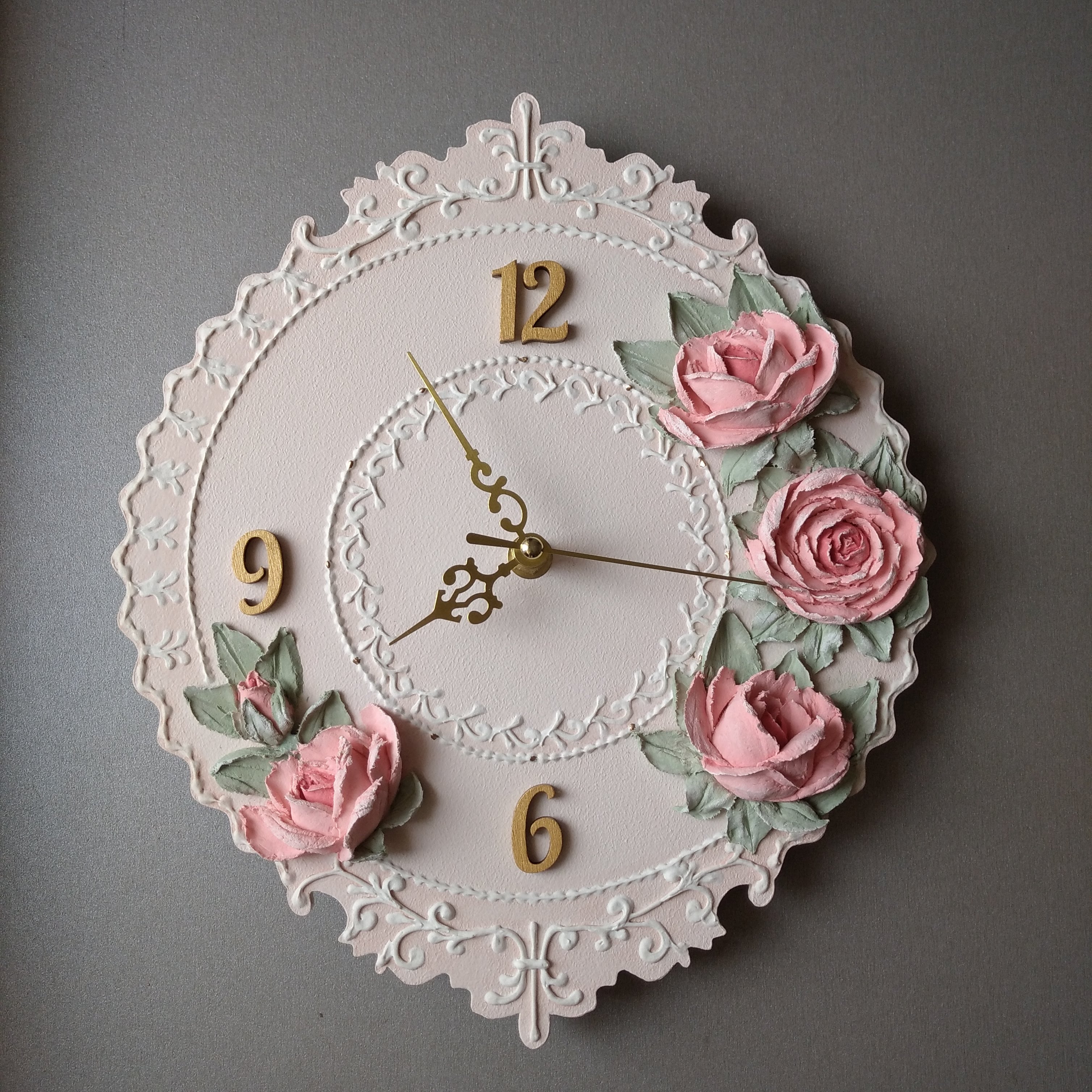 Pink wall clock with roses in shabby chic style Silent clock | Inspire ...
