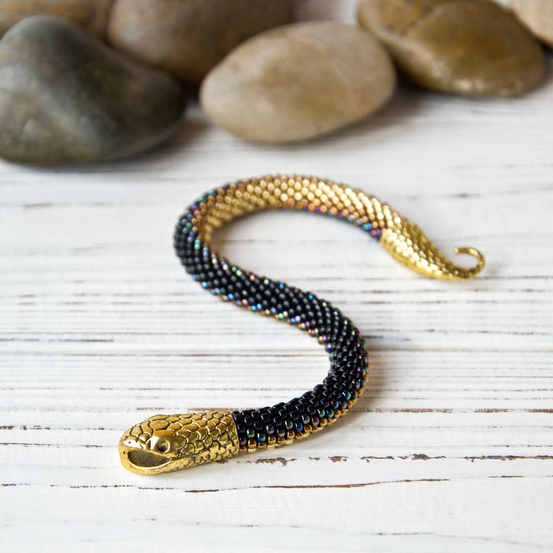 Black gold snake bracelets for women and men, Handmade beade - Inspire Uplift