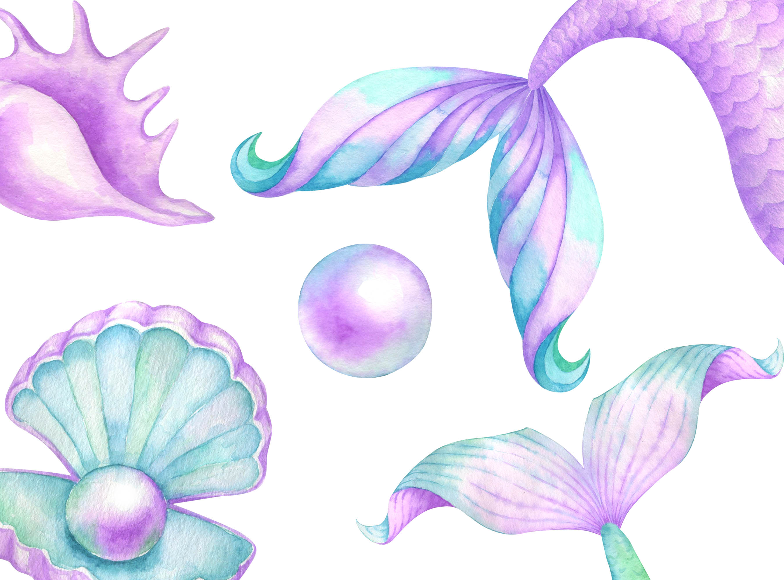 Watercolor Mermaid Tails Clipart Shells waves clip art - Inspire Uplift