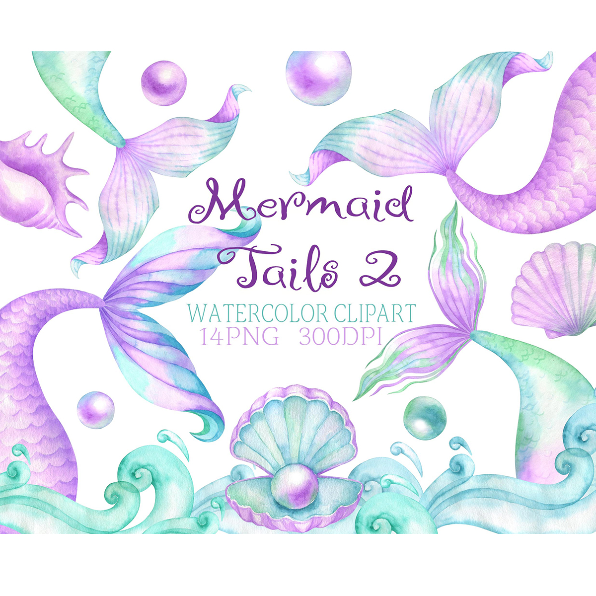 Watercolor Mermaid Tails Clipart Shells waves clip art - Inspire Uplift