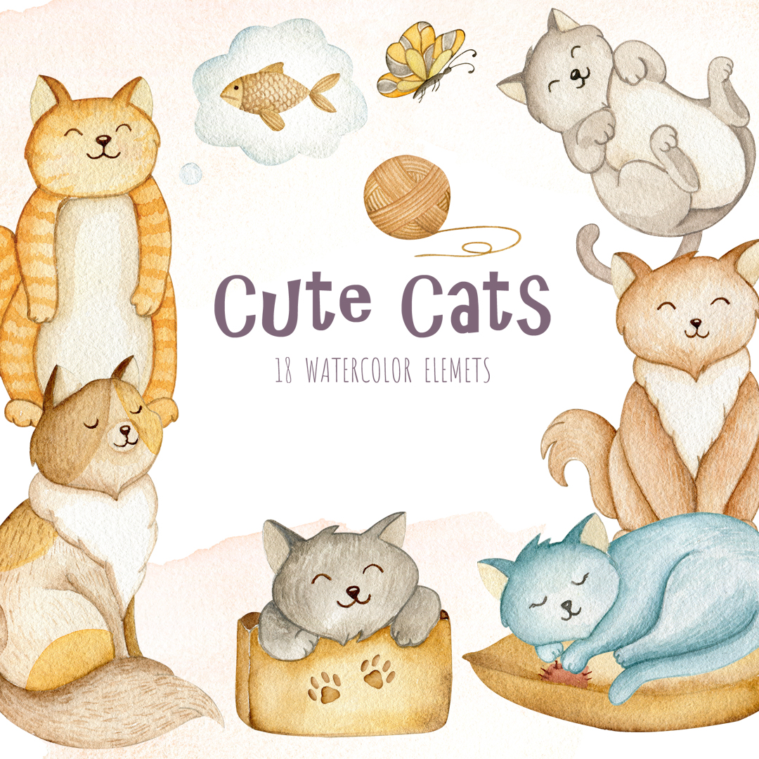 Cute cats, Watercolor hand drawn clipart | Inspire Uplift