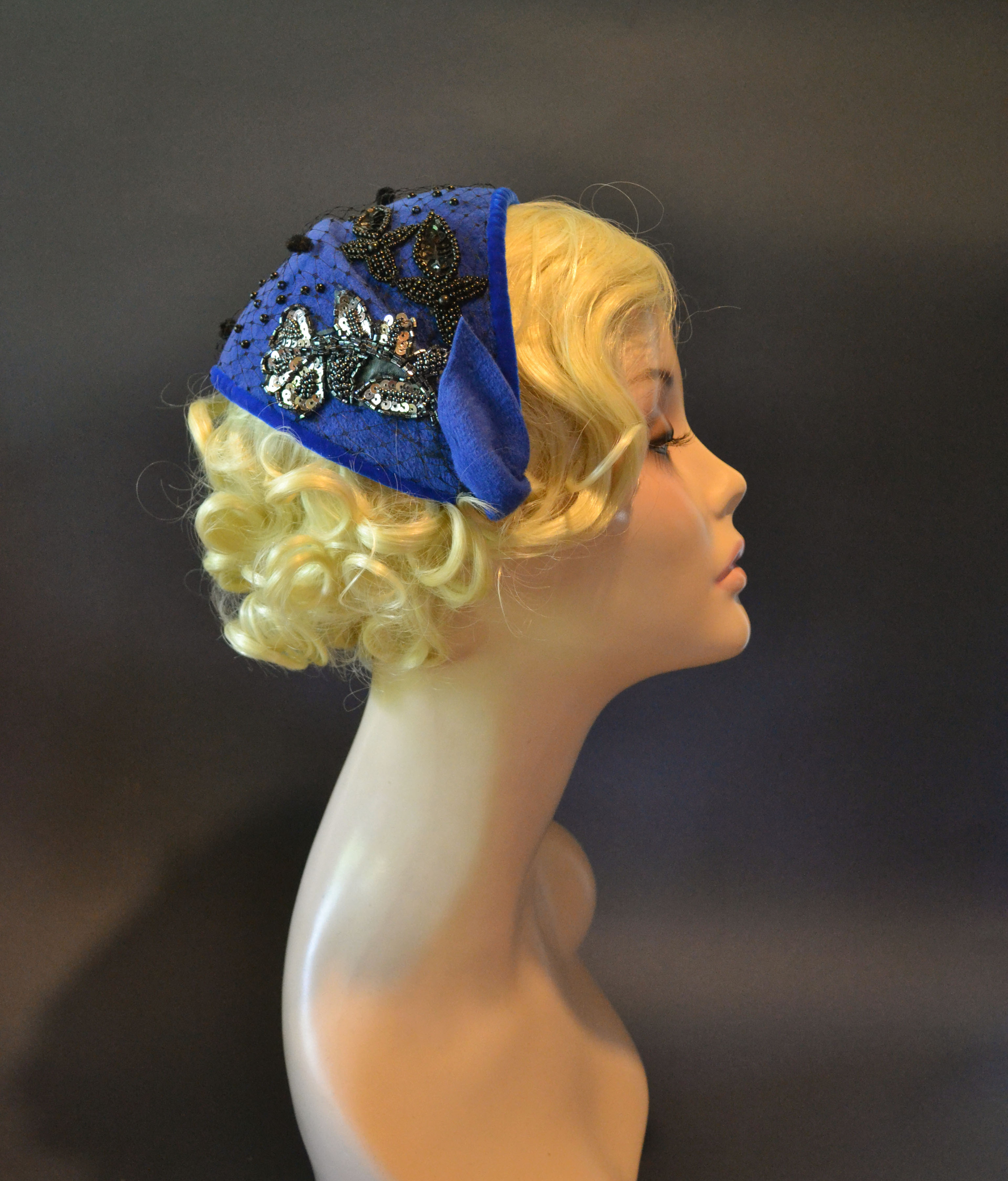 blue retro felt hat, half hat,1930s hat, 194 | Inspire Uplift