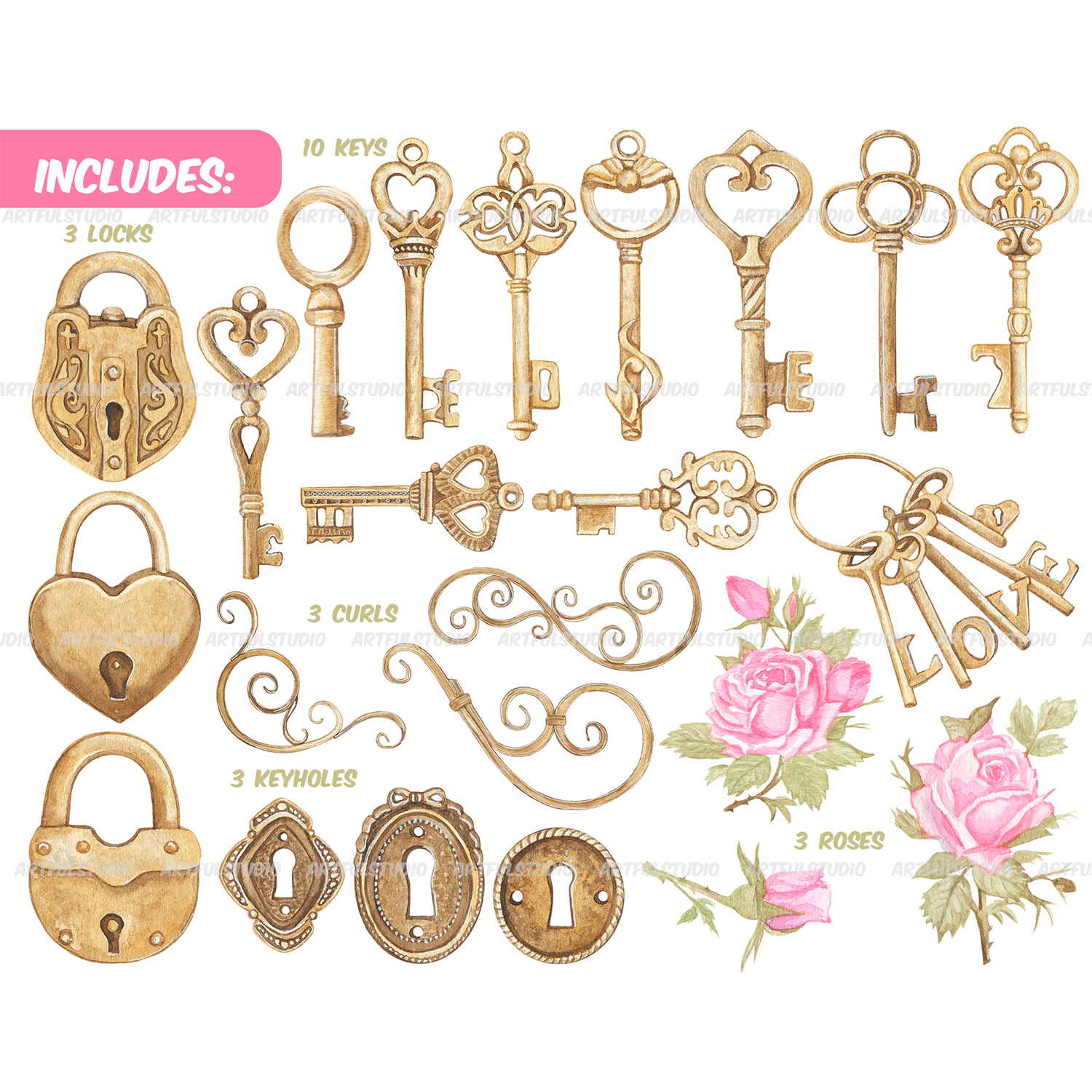 Watercolor locks and keys clipart set - Vintage wedding png - Inspire ...