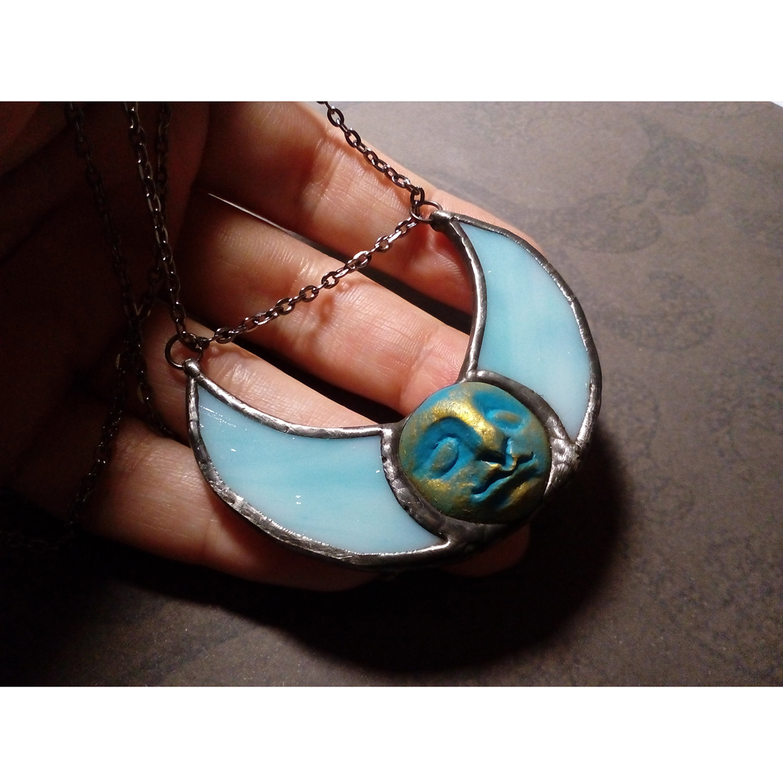 Stained glass blue moon, Moon phase necklace, crescent | Inspire Uplift