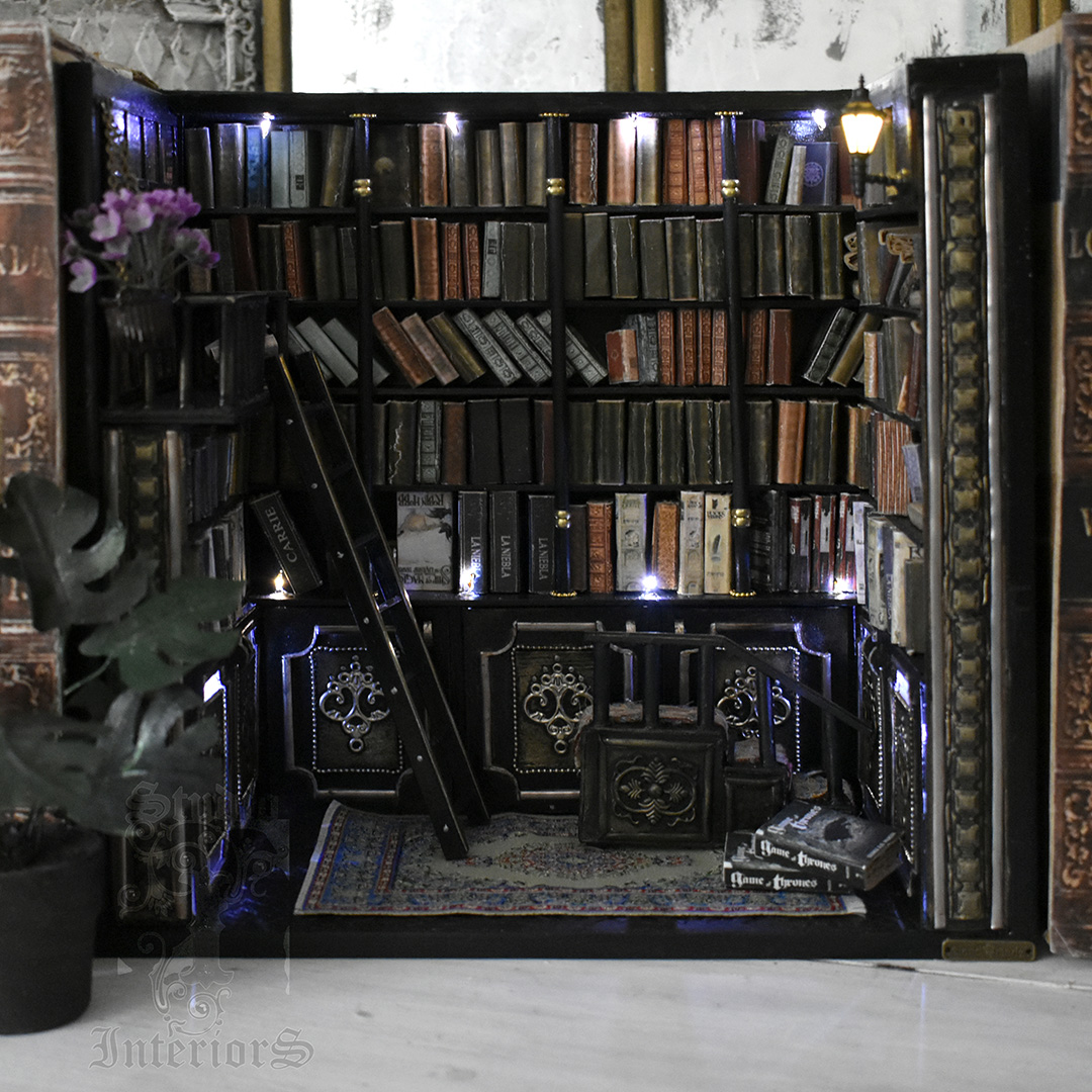 Book nook LIBRARY miniature on the bookshelf with light | Inspire Uplift