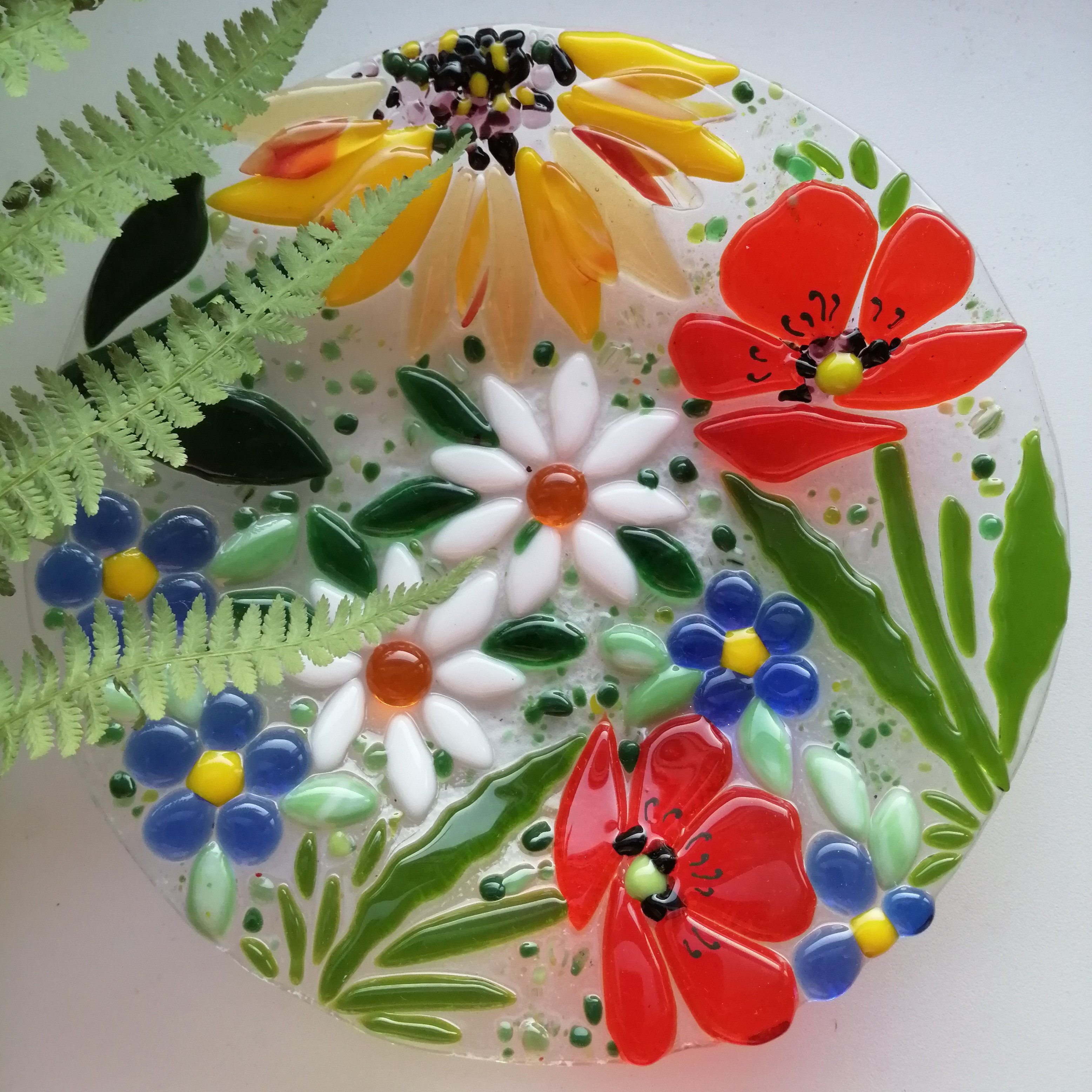 Decorative glass bowl with flowers - Handmade glass plate - Inspire Uplift