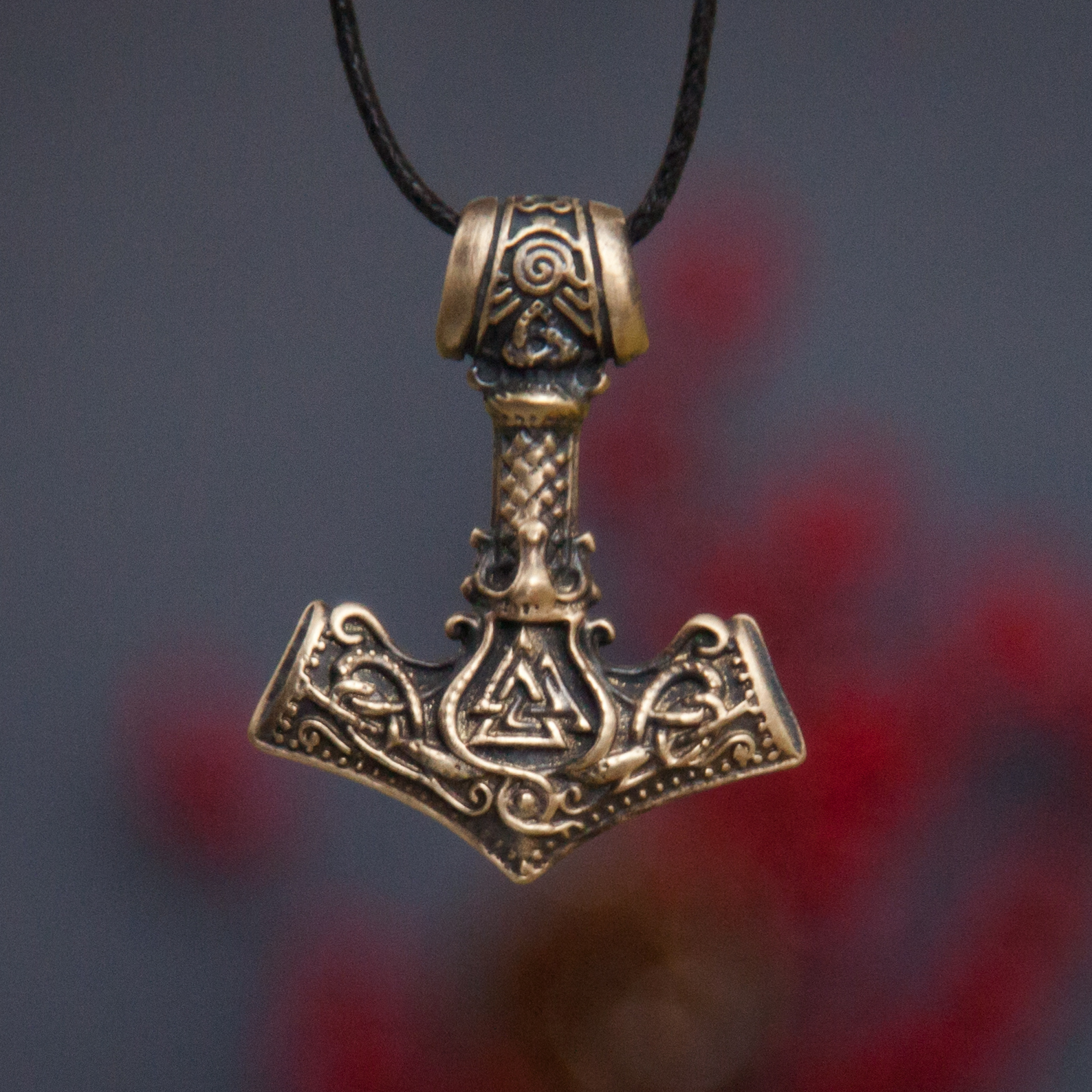 Mjolnir bronze pendant Thor Hammer. Rune Valknut necklace - Inspire Uplift