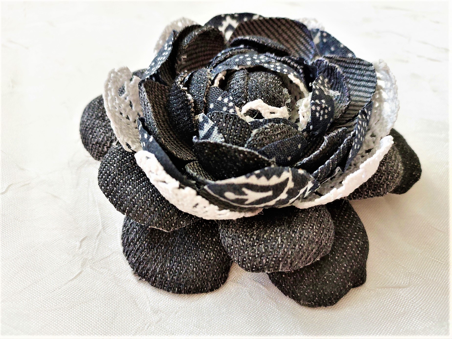 Black denim flower pin, Denim flower brooch, Black denim and - Inspire ...