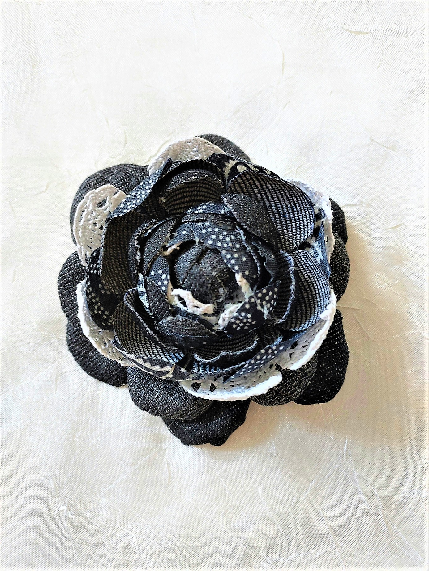 Black denim flower pin, Denim flower brooch, Black denim and - Inspire ...
