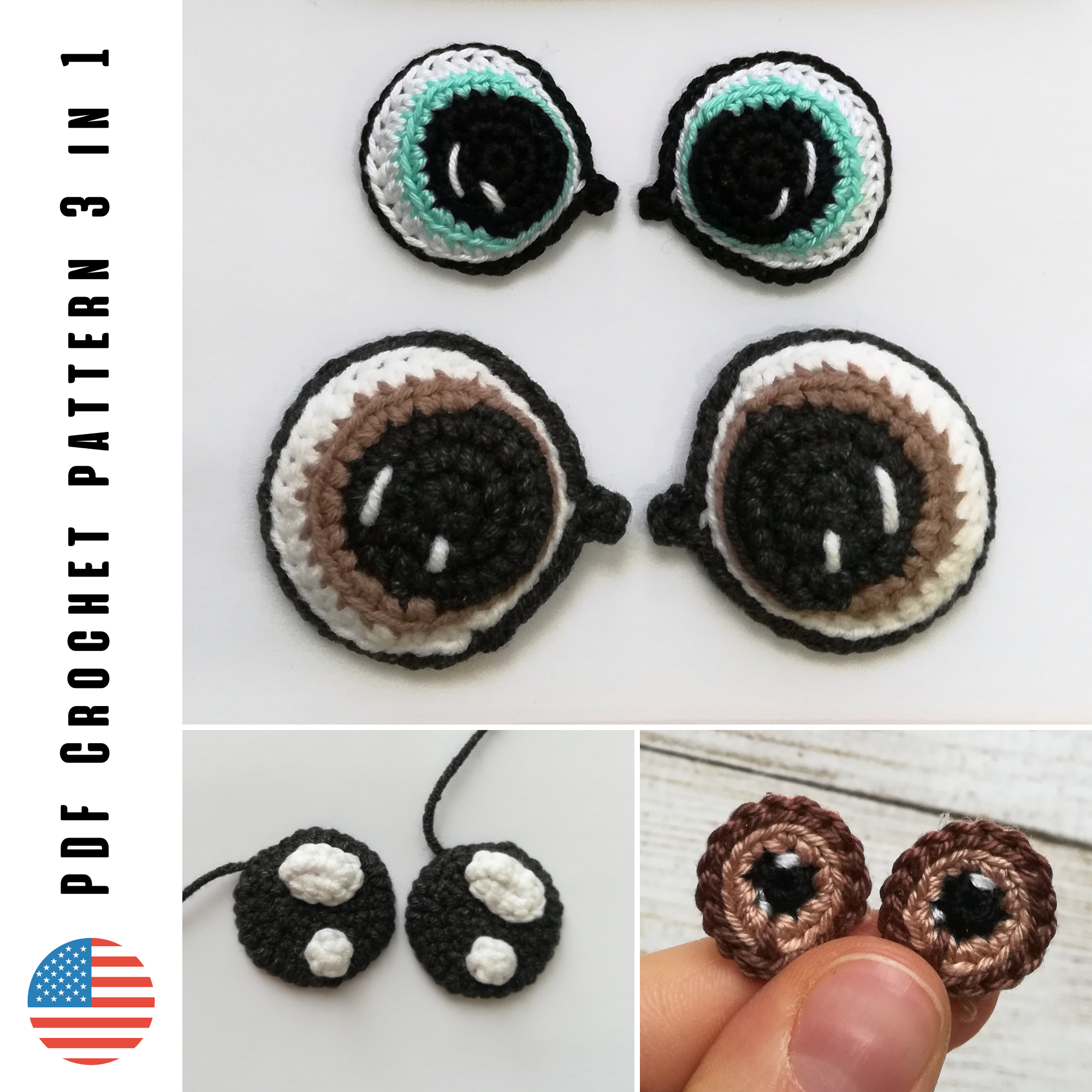Crochet eyes pattern, eyes for amigurumi toys, 3 in 1 | Inspire Uplift