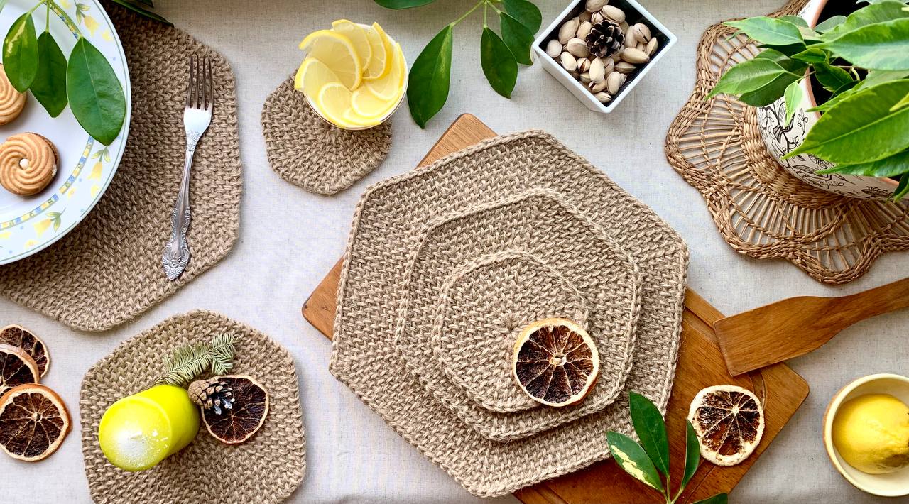 Jute napkins, Set of 3 different size crochet farmhouse hexa - Inspire ...