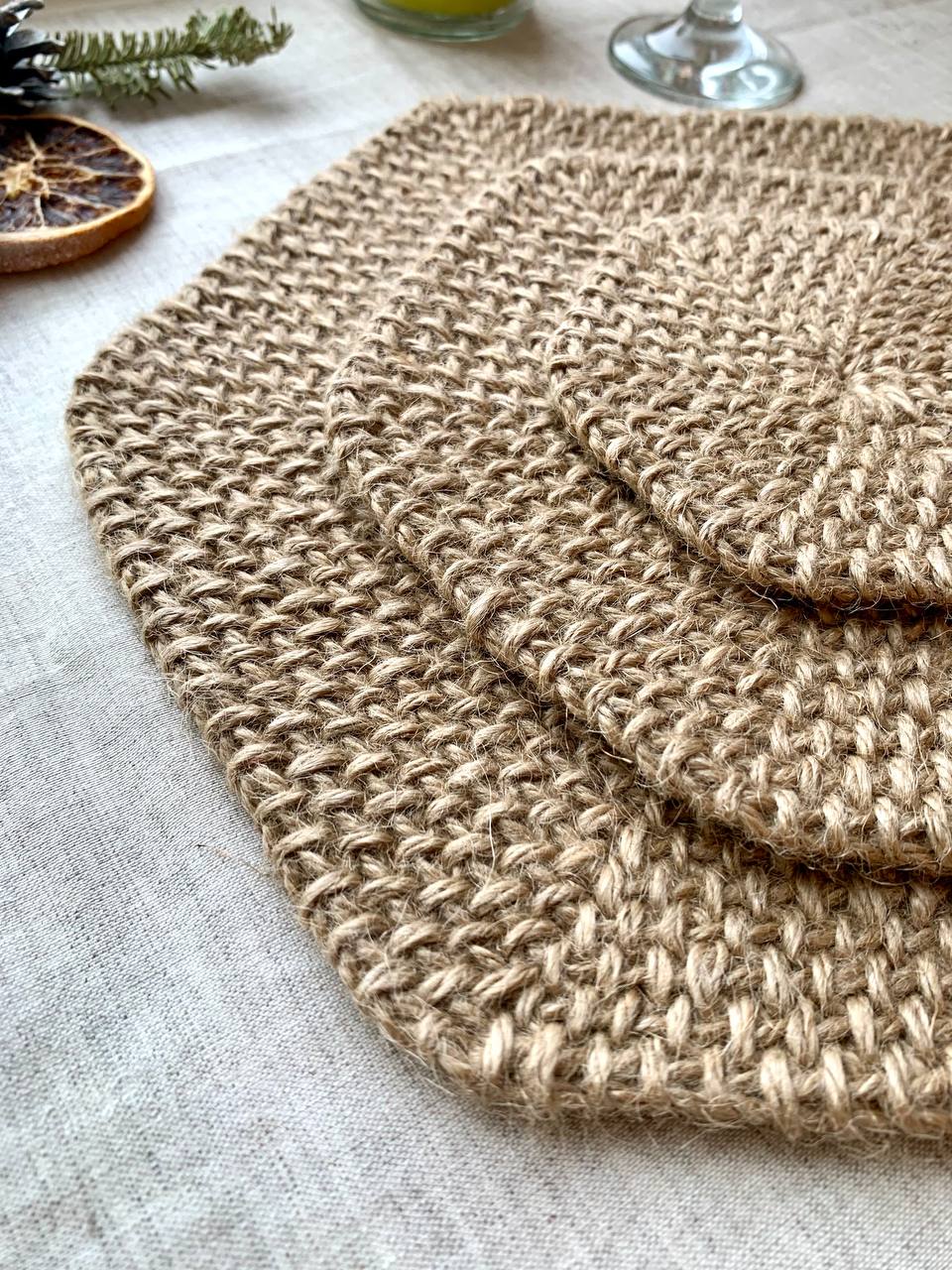 Jute napkins, Set of 3 different size crochet farmhouse hexa - Inspire ...