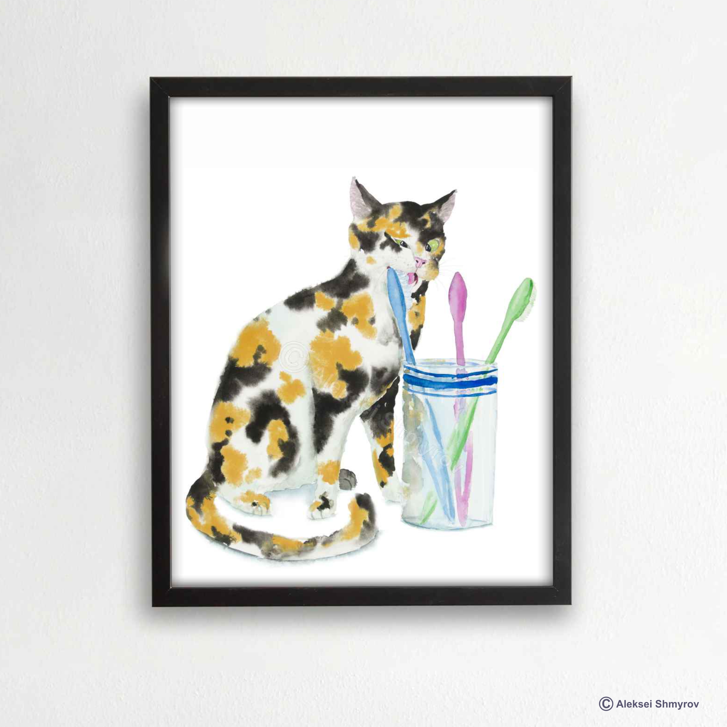 Bathroom Calico Cat Art Print, Cat Decor, Watercolor Paintin - Inspire ...