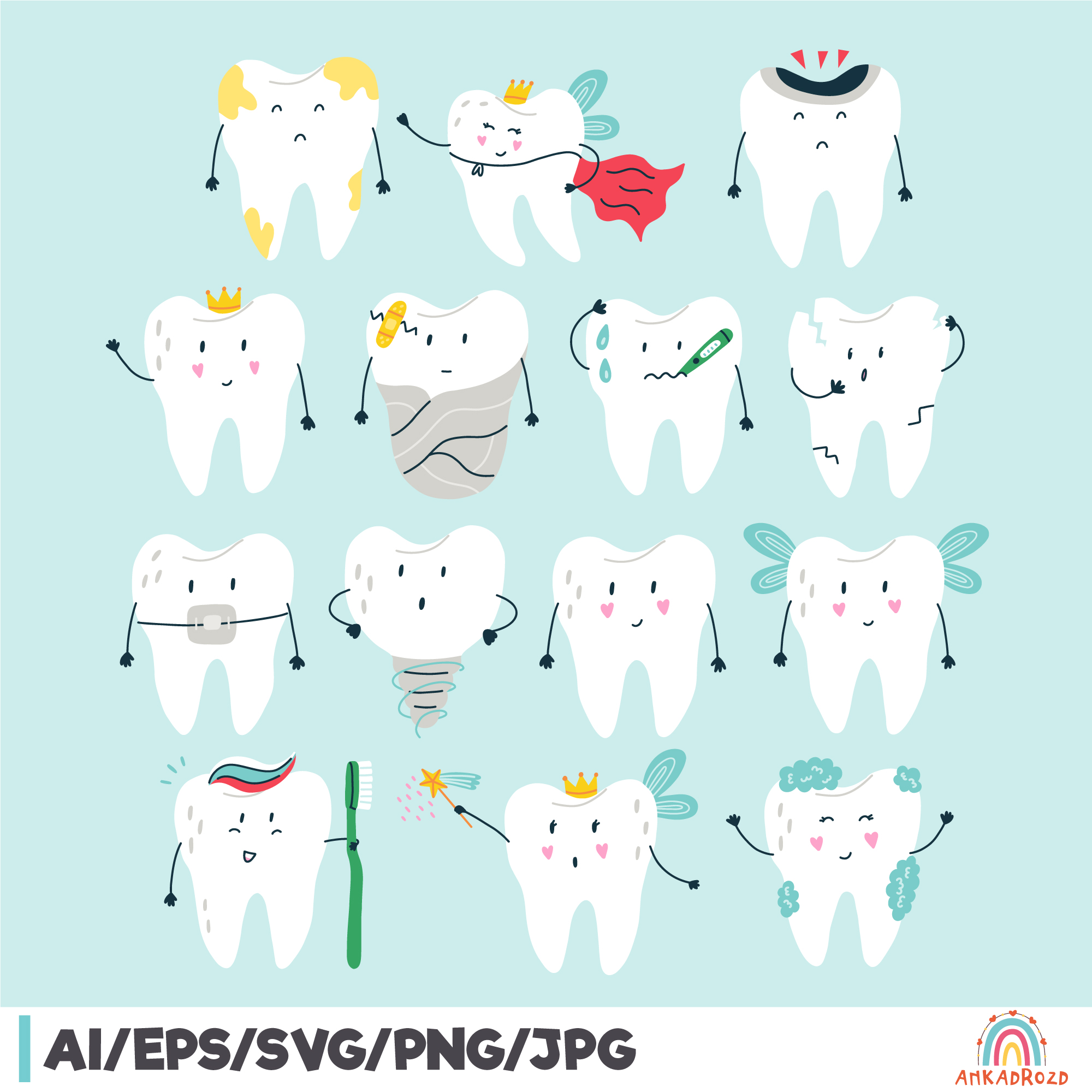 Tooth character Clipart |Cartoon style for kids | Anka Drozd | Inspire ...