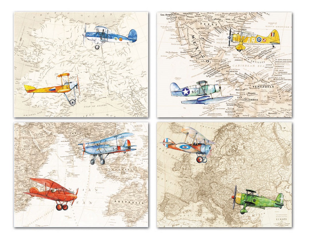Vintage train car plane Old World map decor Set 4 prints | Inspire Uplift