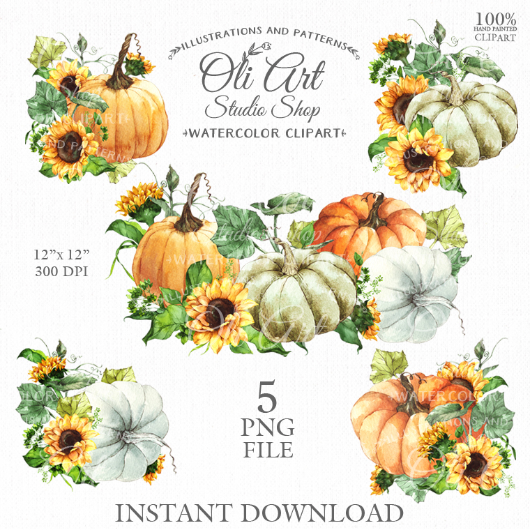 Sunflowers and pumpkins clip art. Autumn digital clipart - Inspire Uplift
