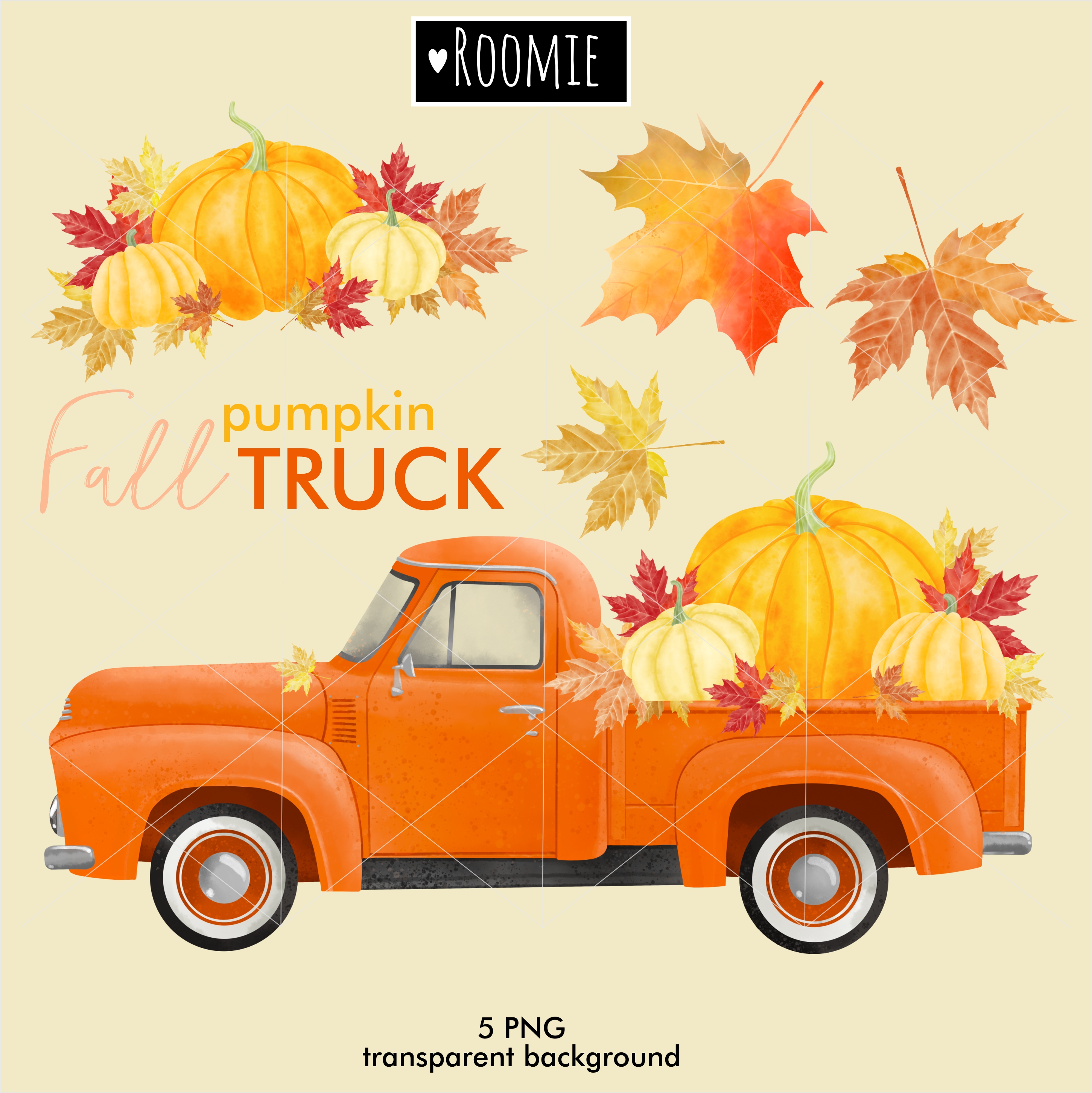 Fall vintage red TRUCK with pumpkins PNG, Watercolor clipart - Inspire ...