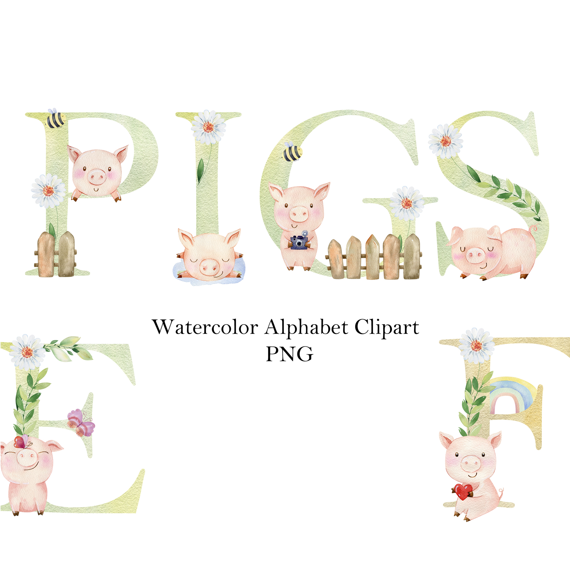 Watercolor animals alphabet, pigs, letter wall decor. | Inspire Uplift