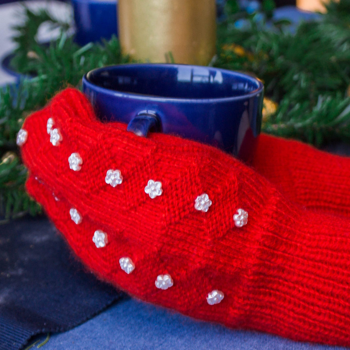 Hand knit decorated snowflake red women mittens. Handmade. | Inspire Uplift