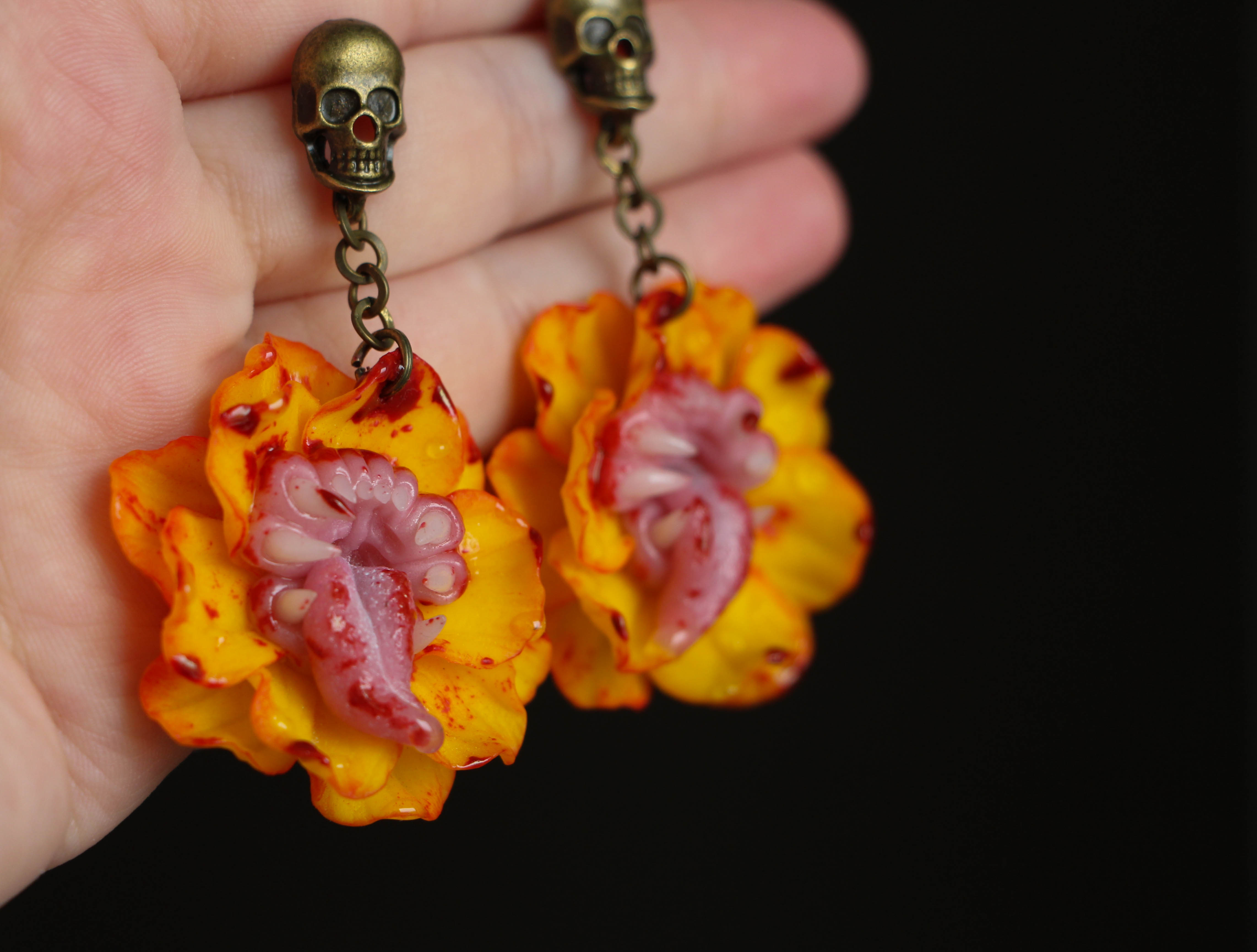 Earrings Halloween, Gothic jewelry, Creepy flower earrings - Inspire Uplift