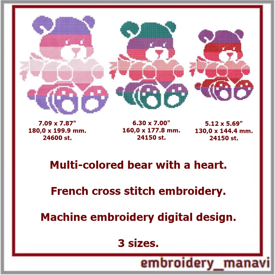 Machine embroidery design bear with heart cross stitch. - Inspire Uplift