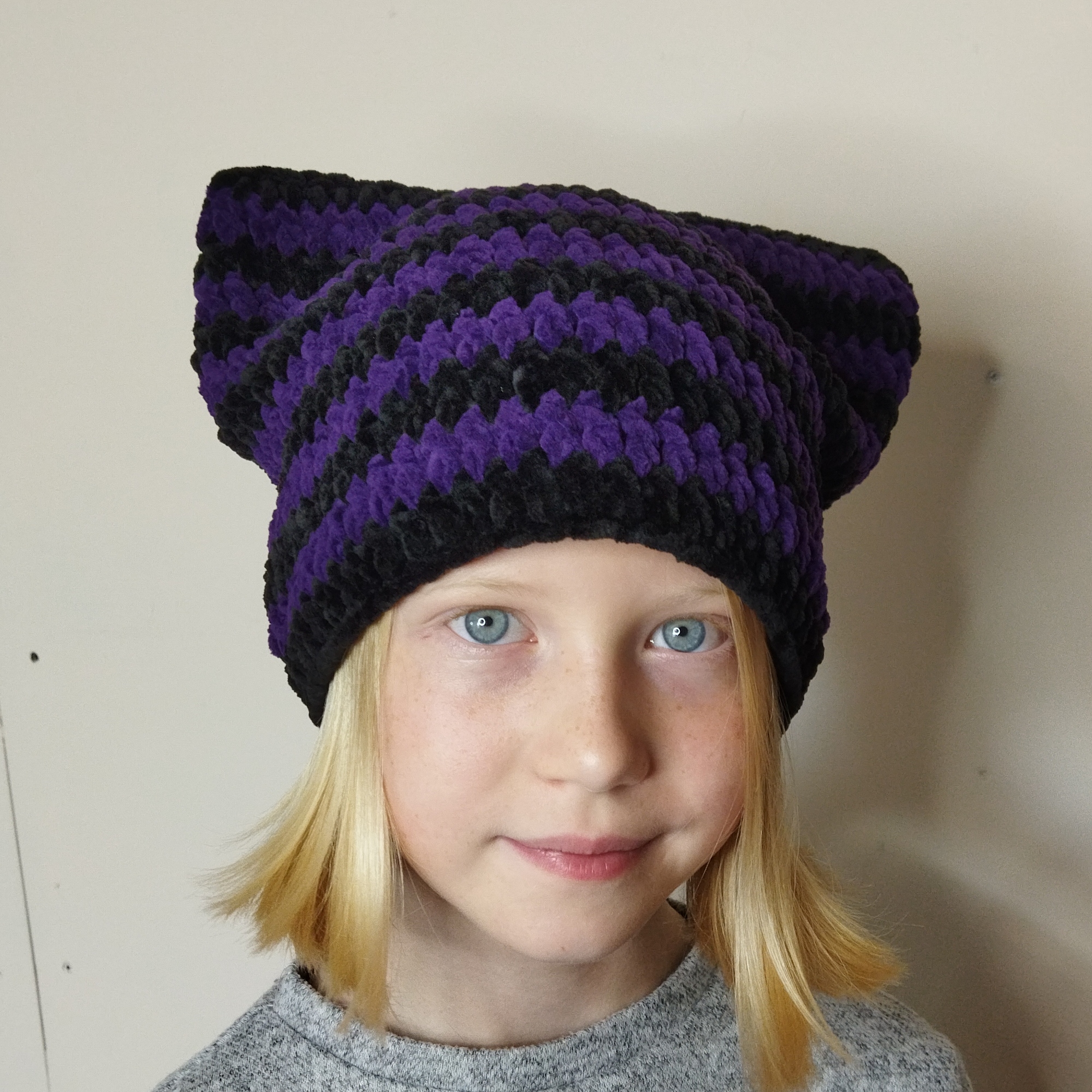 Striped beanie with ears Cat ears beanie crochet Fluffy be | Inspire Uplift