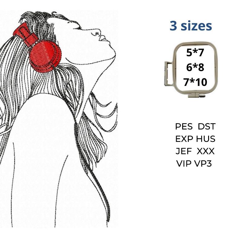 Girl with headphones embroidery design 3 sizes DIGITAL files - Inspire ...