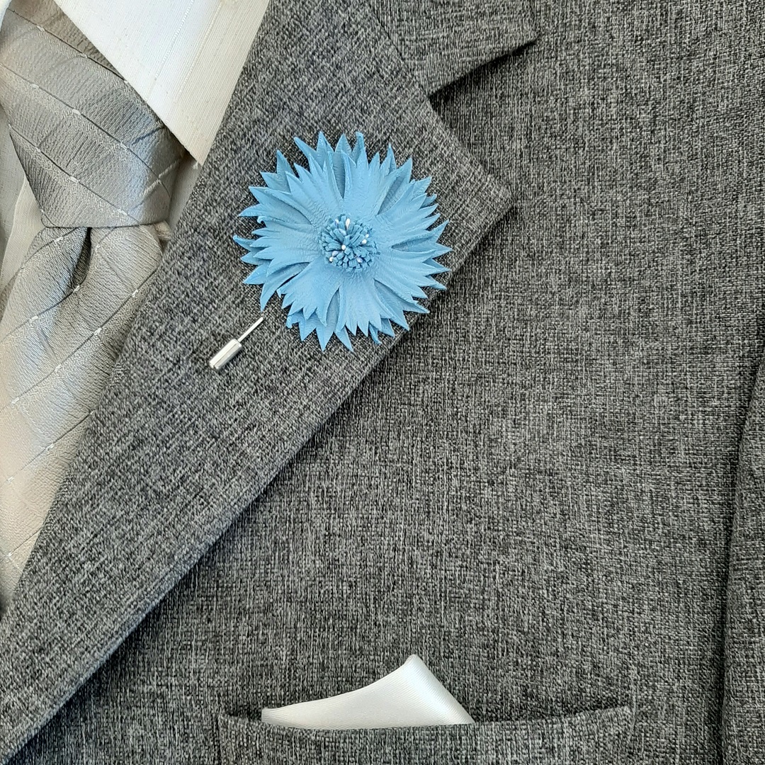 Blue cornflower men's lapel pin Leather boutonniere for him - Inspire ...