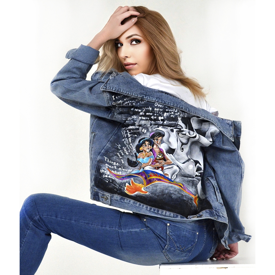 Hand painted denim jacket, disney jean jacket Alladin art, c - Inspire ...